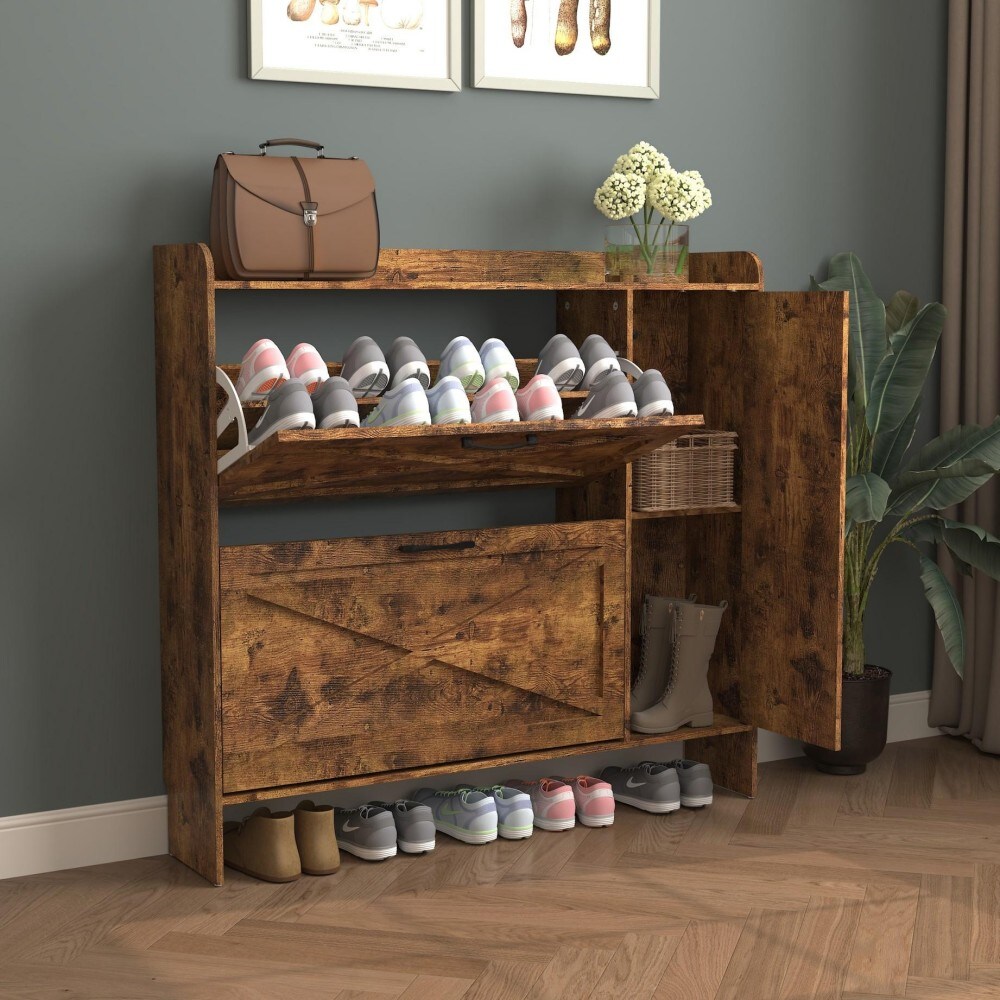 GlasFlength Brown Shoe Storage Cabinet 2 Flip Drawers Freestanding ...