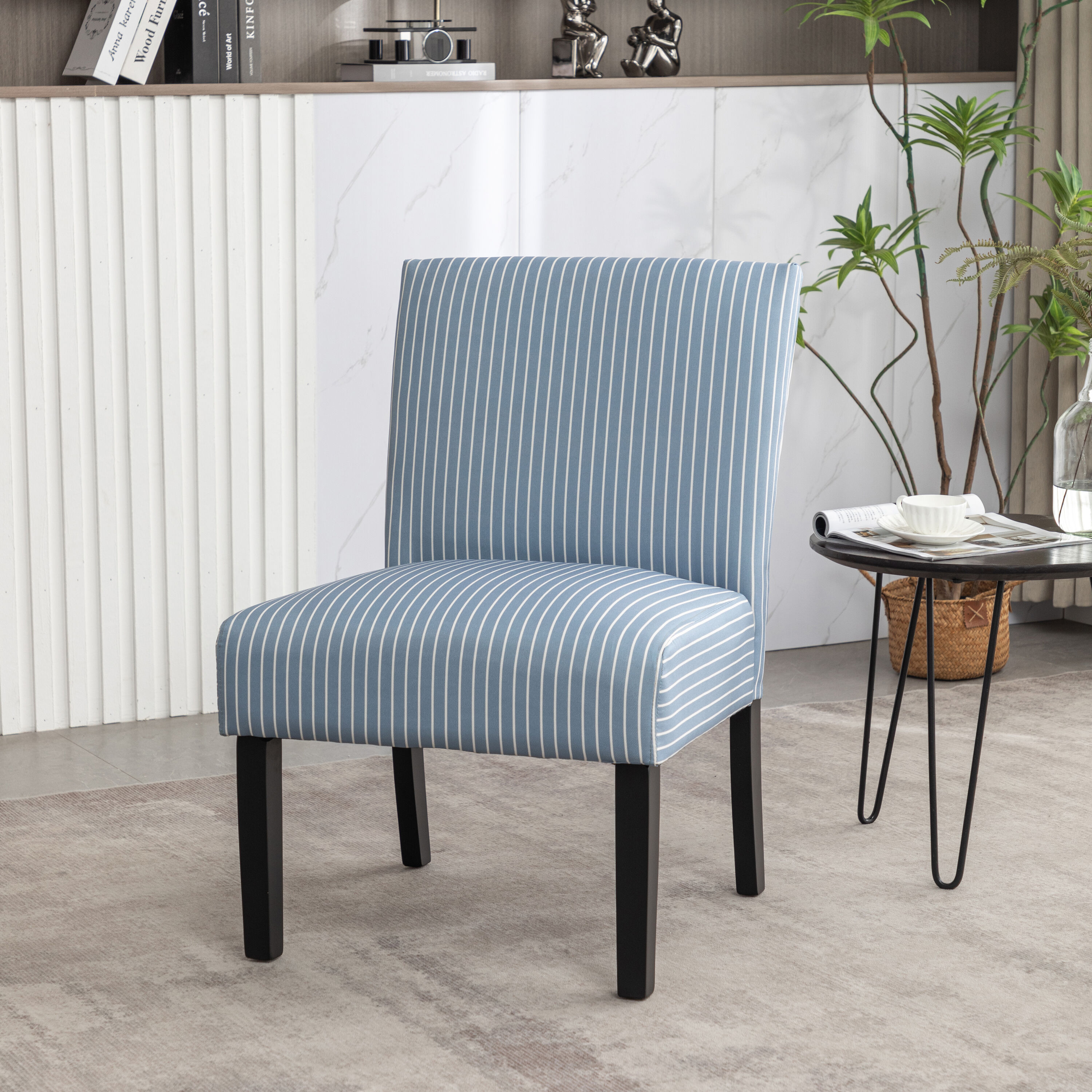GDFStudio Upholstered Slipper Accent Chair in Blue Stripe Solid ...