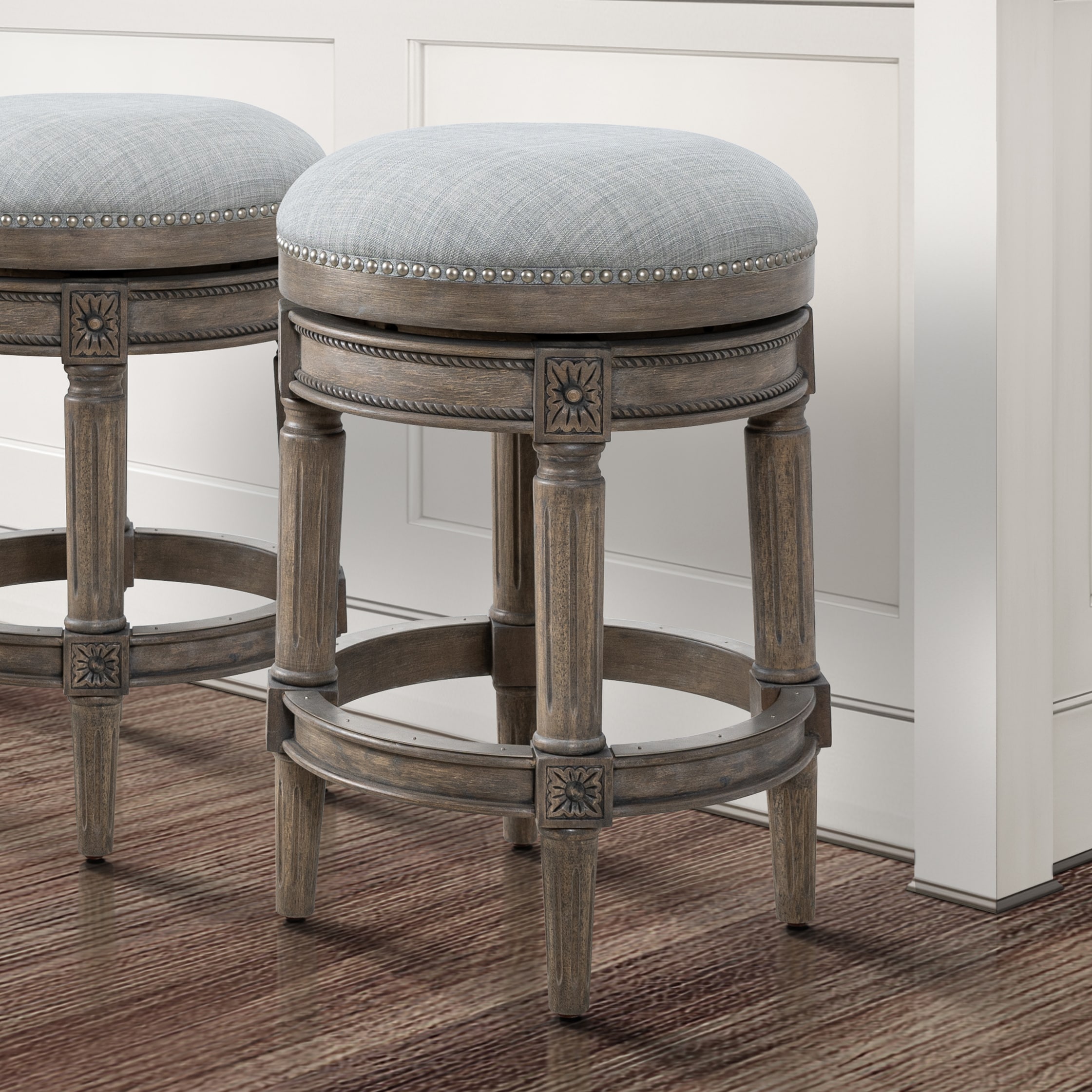 New Ridge Home Goods Chapman - Grey wood and linen backless swivel ...