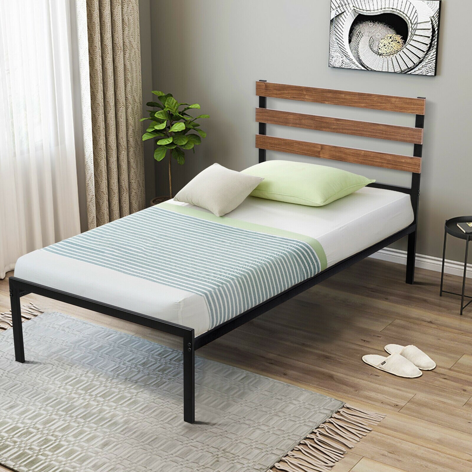 Slickblue Twin Size Steel Pipe Platform Bed Frame With Plywood Slat ...