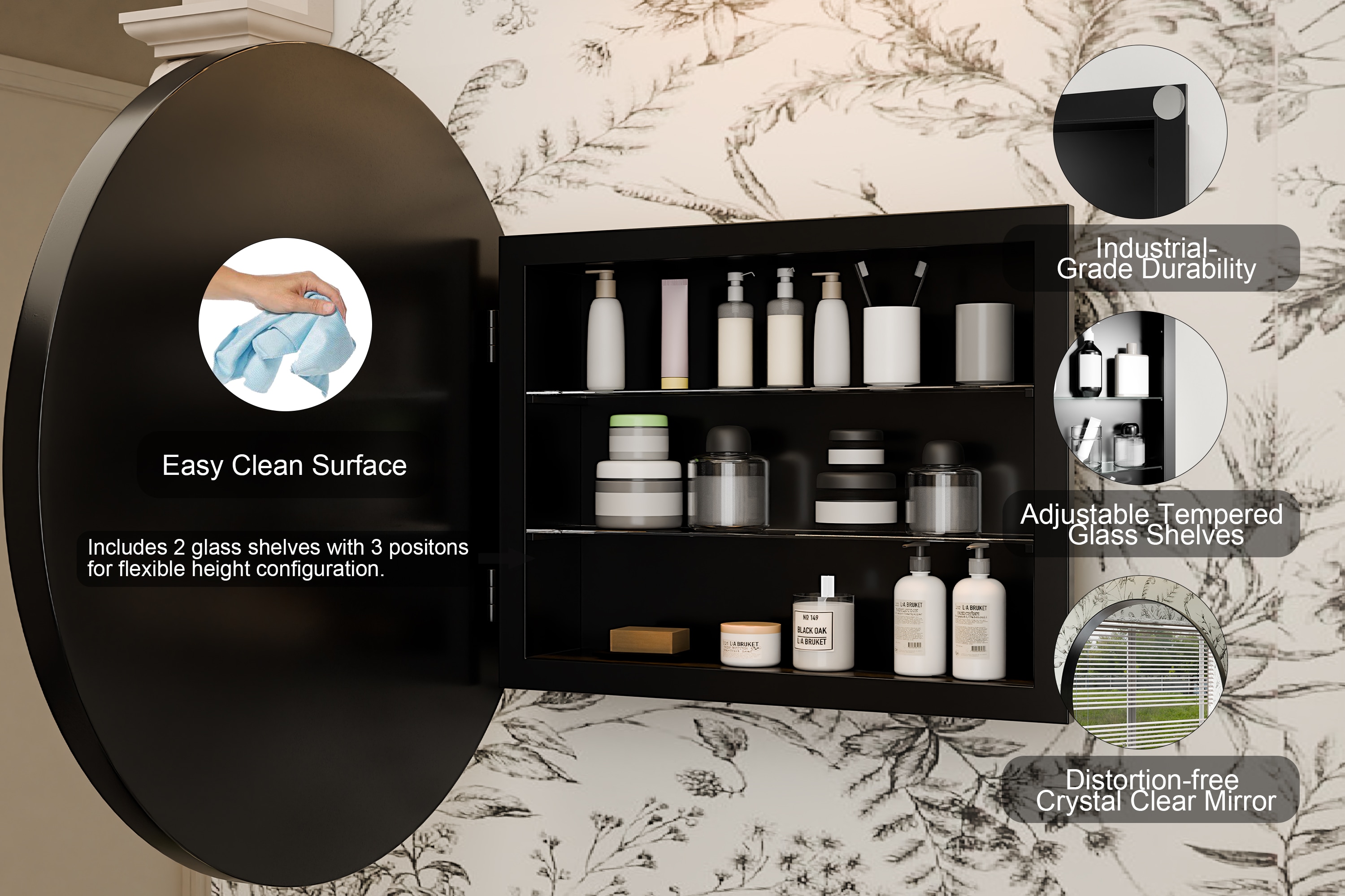 LUXEYARD Surface Mount Round Metal Framed Medicine Cabinet with Mirror ...