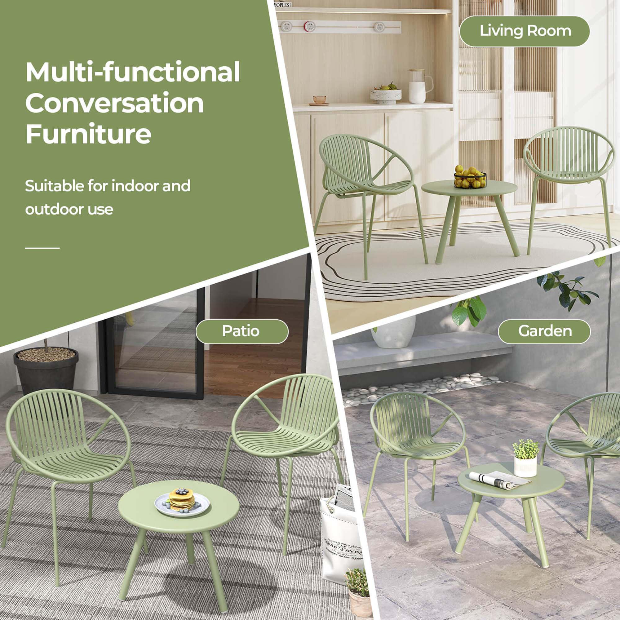 Costway 3 -Piece Green Bistro Patio Dining Set Plastic Round Table with ...
