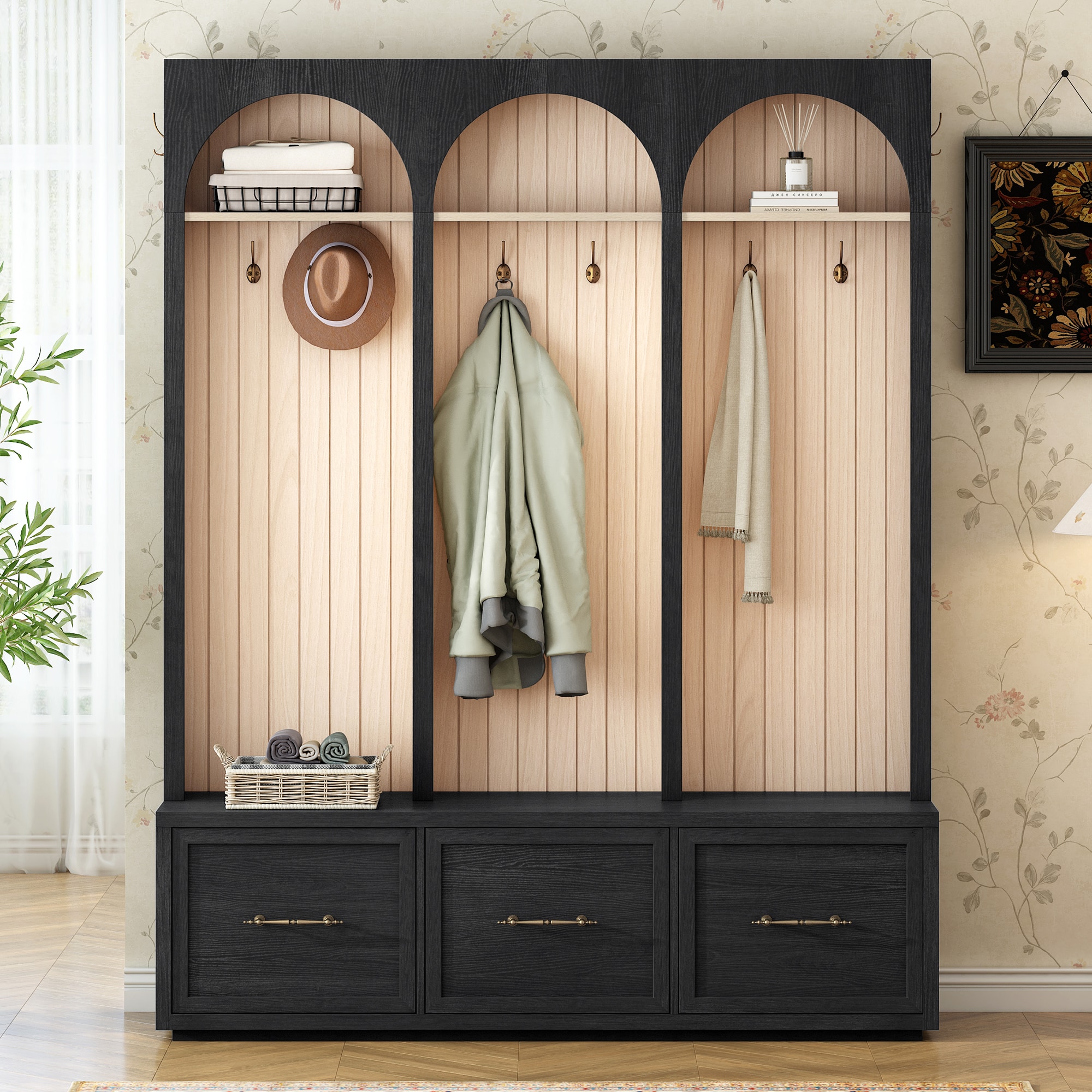 LUXEYARD Farmhouse Wooden Style Hall Tree with Arched Design Elegant ...