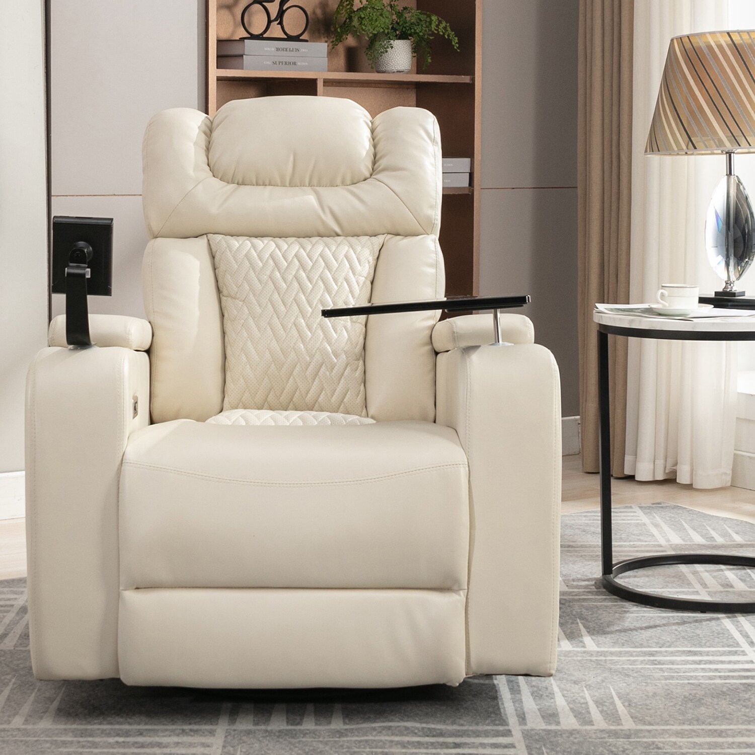 GZMR Home Theater Power Recliner Chair with Tray Table Beige White Faux ...