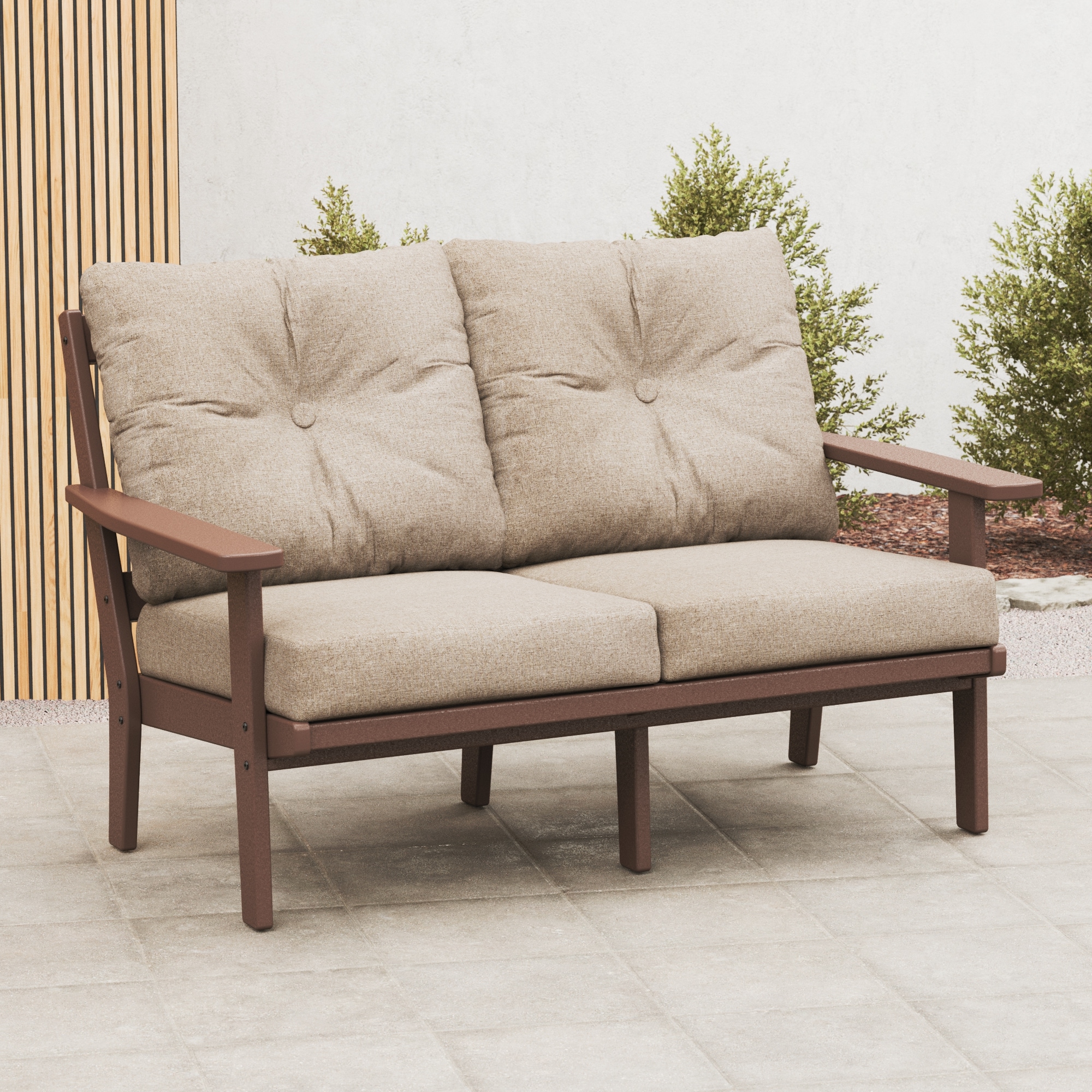 POLYWOOD Prairie Outdoor Loveseat with Brown Cushions and Plastic Frame ...
