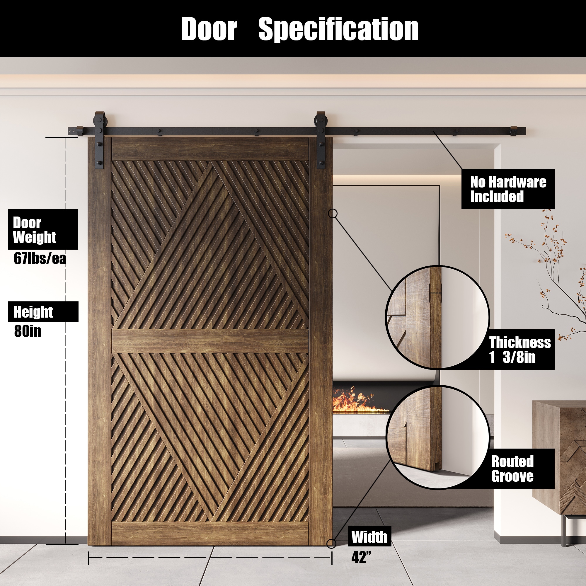 HOMACER 42-in x 80-in Dark Walnut Pine Wood Solid core Single Barn Door ...
