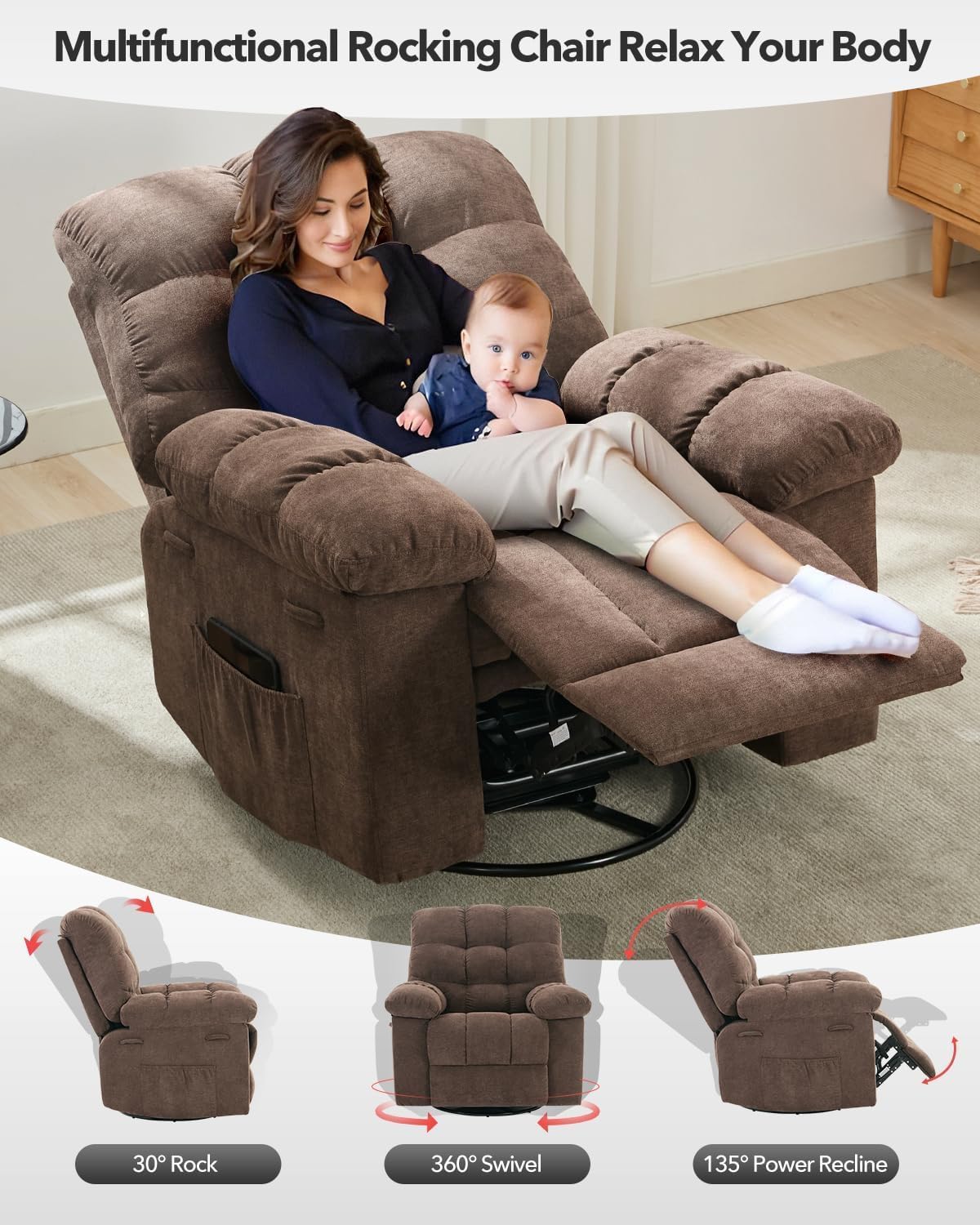 Garvee Swivel Rocker Recliner Chair for Adult 360 Degree Swivel Rock ...