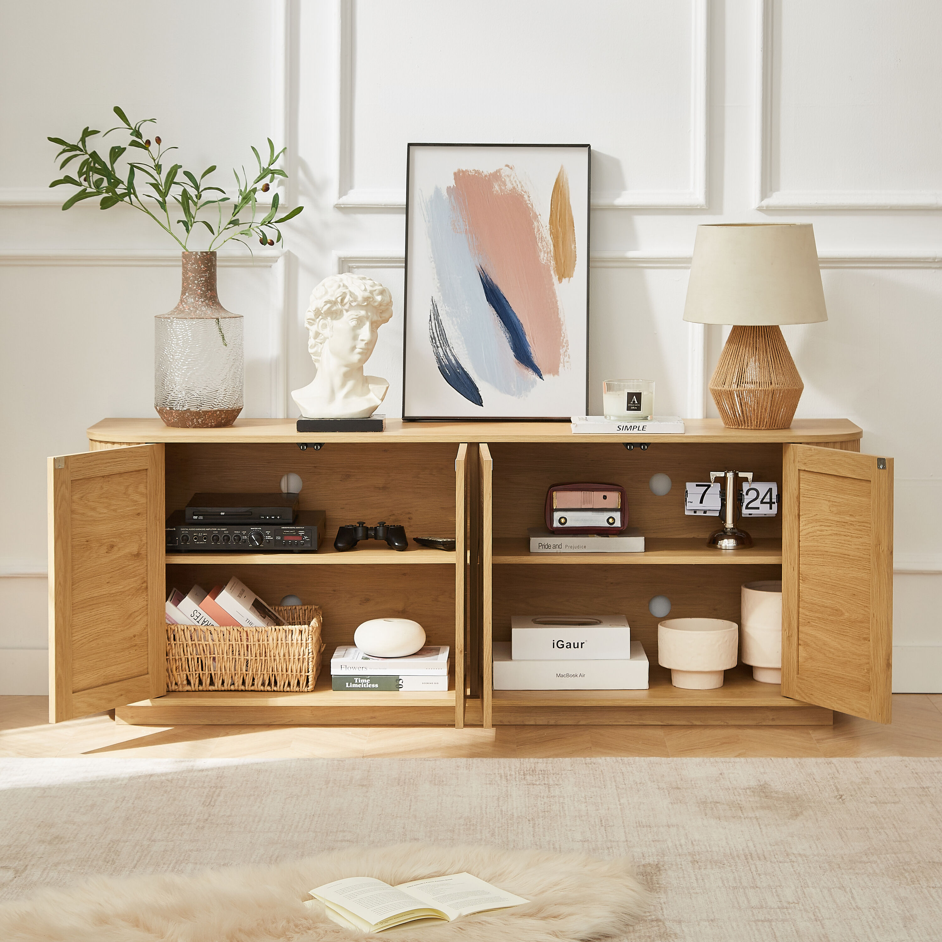 Huluwat 64inch wave shaped TV stand rounded corner sideboard storage ...
