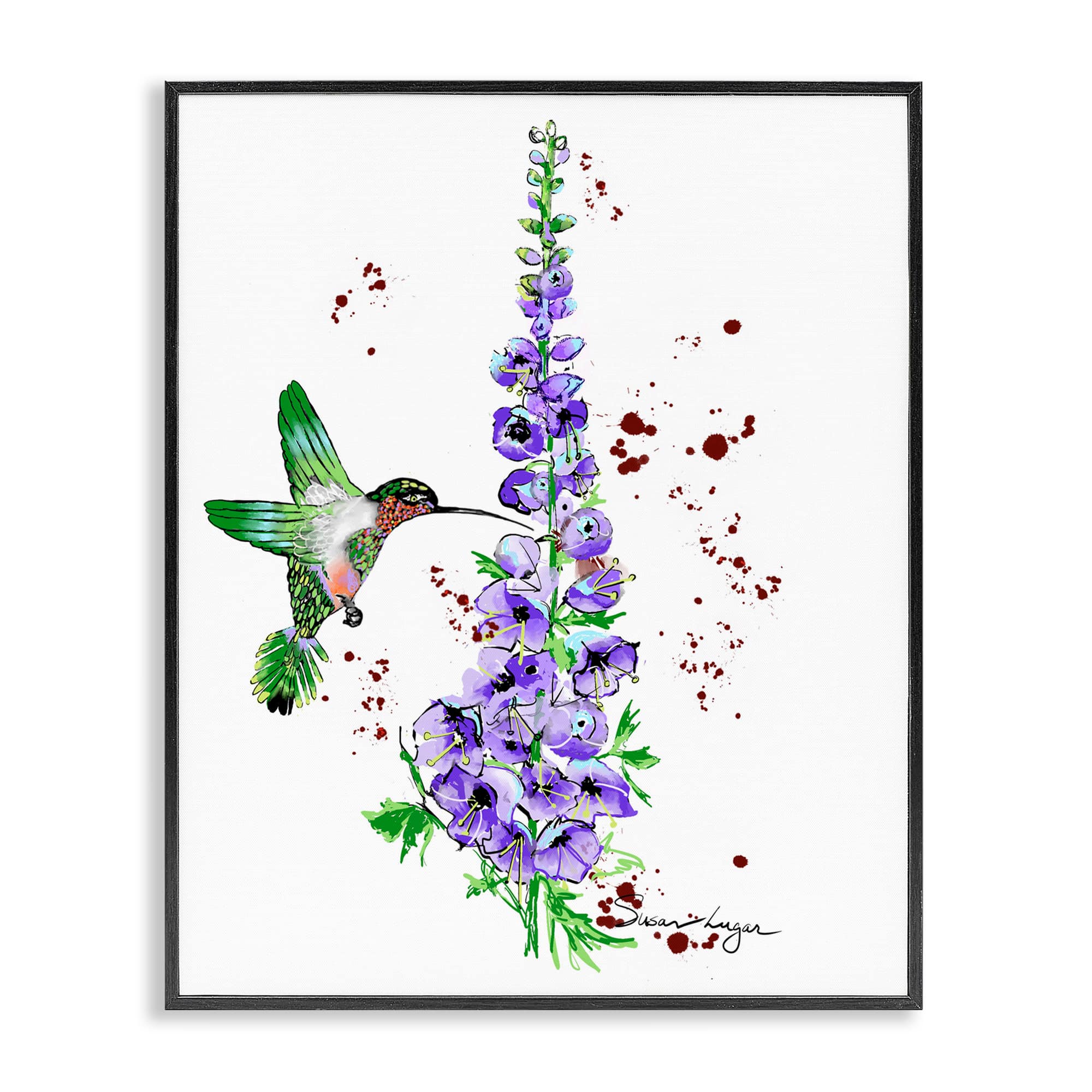 Stupell Industries Delphiniums and Hummingbird Black Framed Giclee Art ...