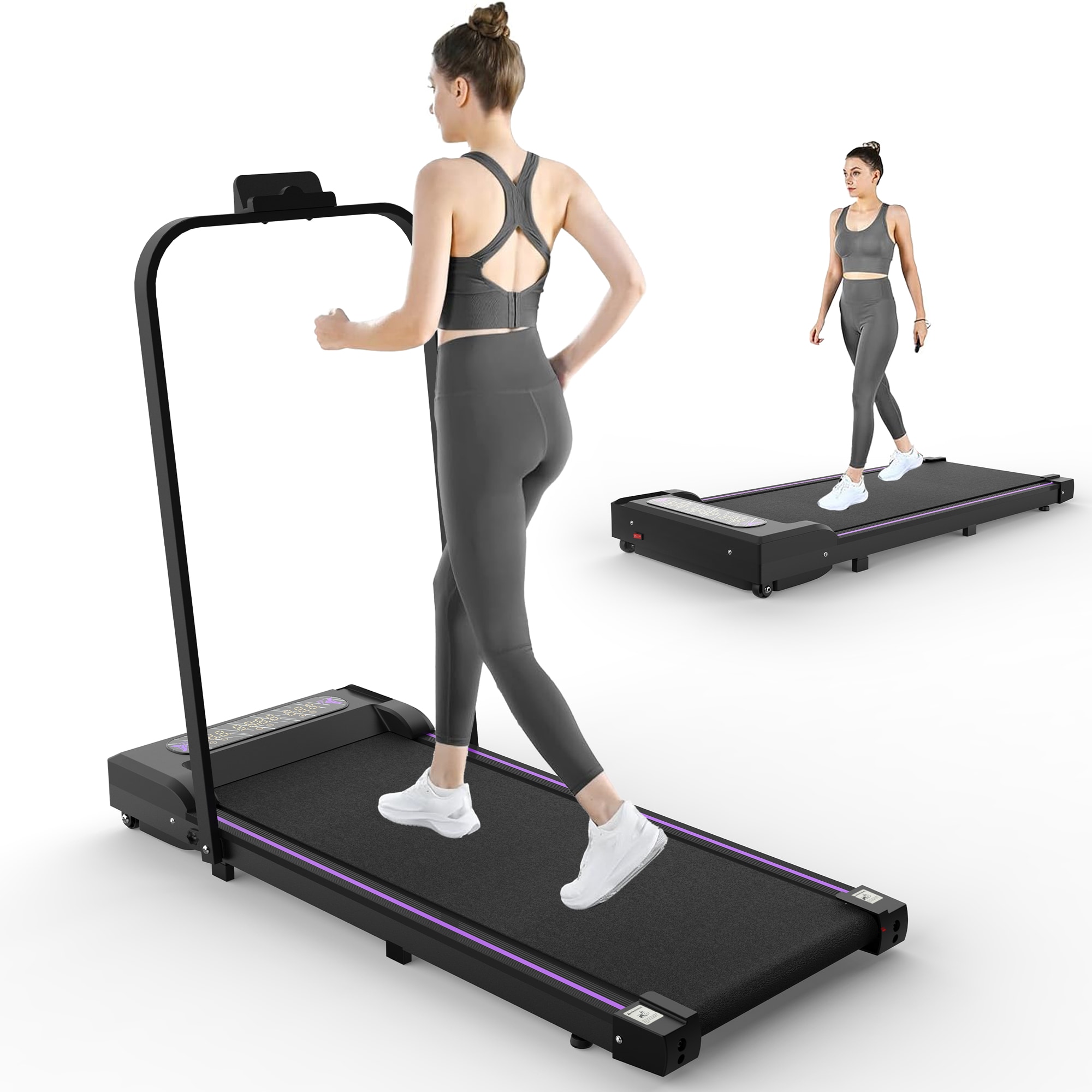 Yulika Black 2 in 1 Portable Treadmill with Handle Remote Control LED ...