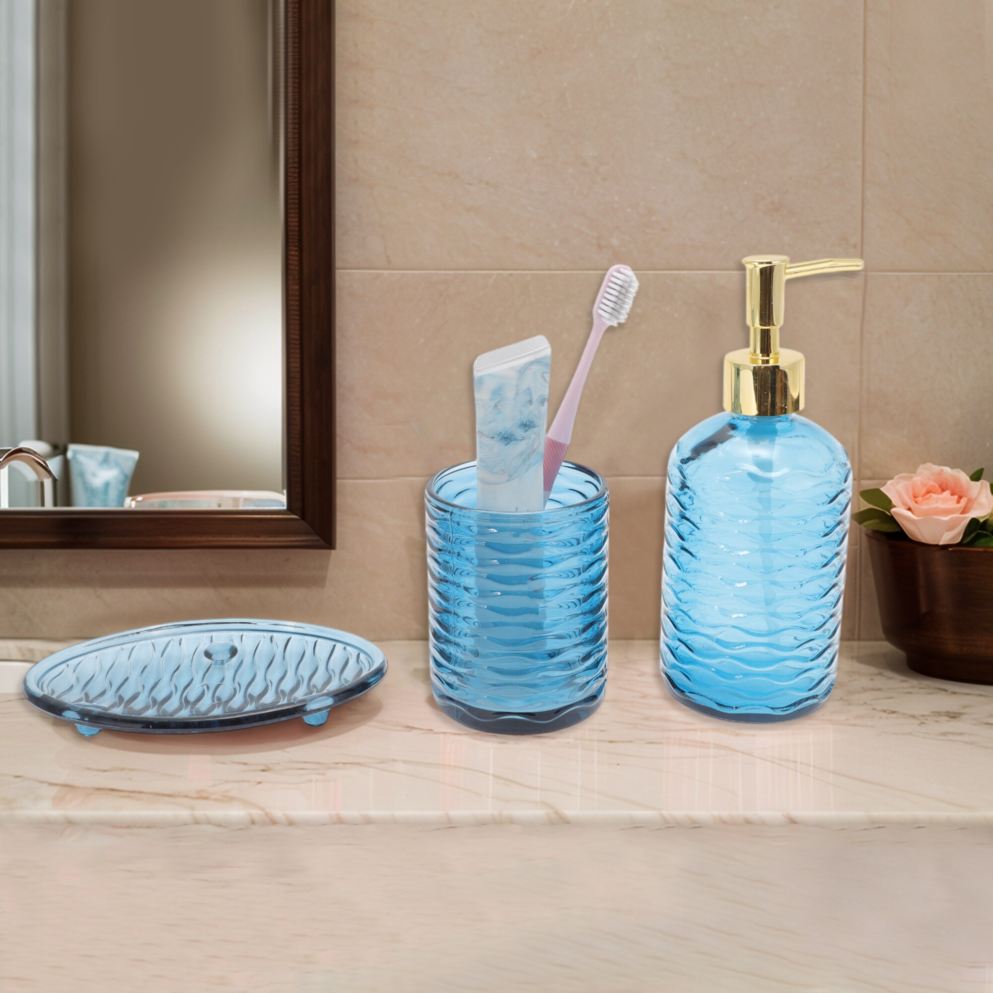 Unique Bargains 1set Reusable Waves Bathroom Accessories Kit Blue in ...