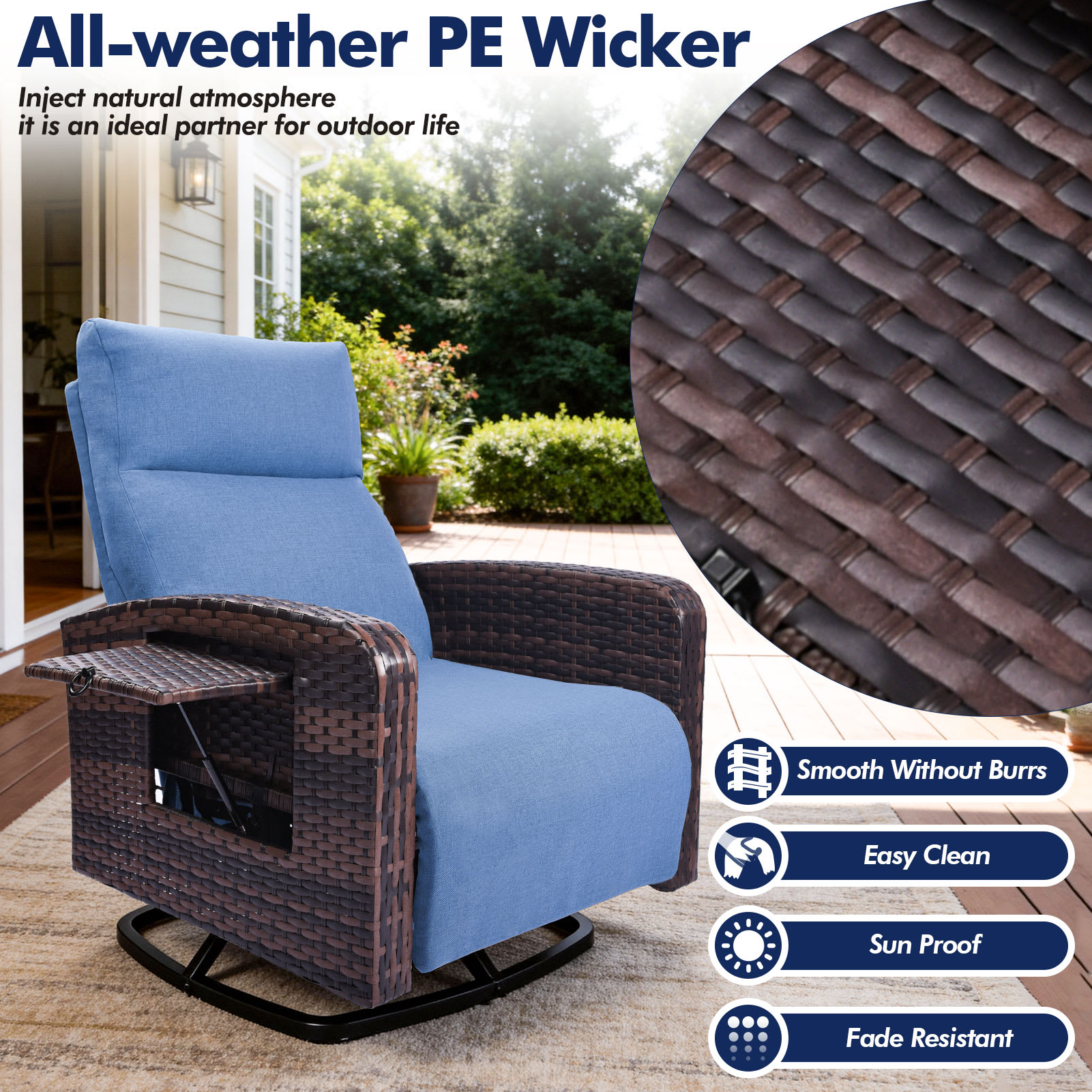 Rbied Outdoor Recliner Single Wicker Adjustable Back Footrest Flip ...