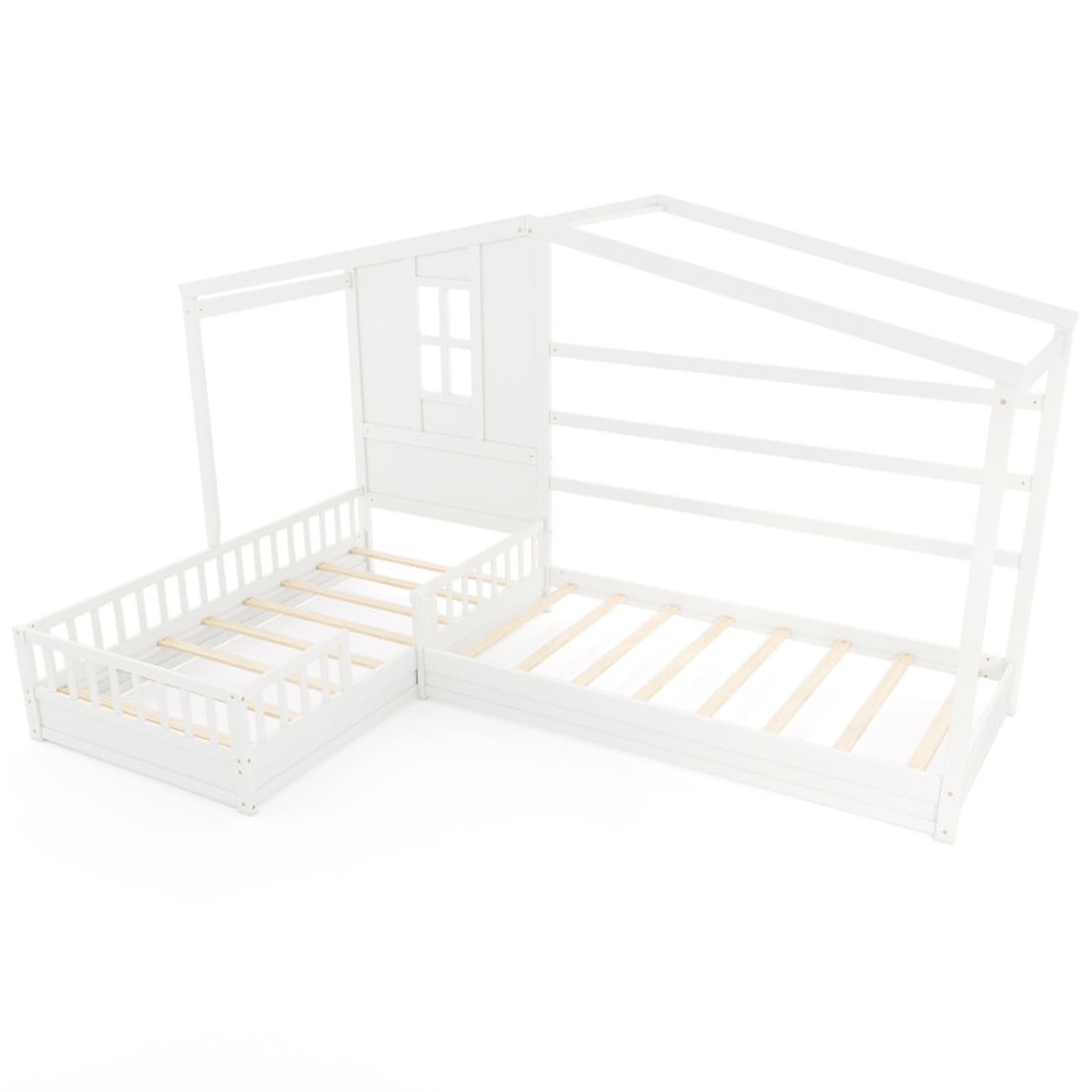 SUGIFT L-shaped Double Twin Beds House Platform Beds with Fences Corner ...