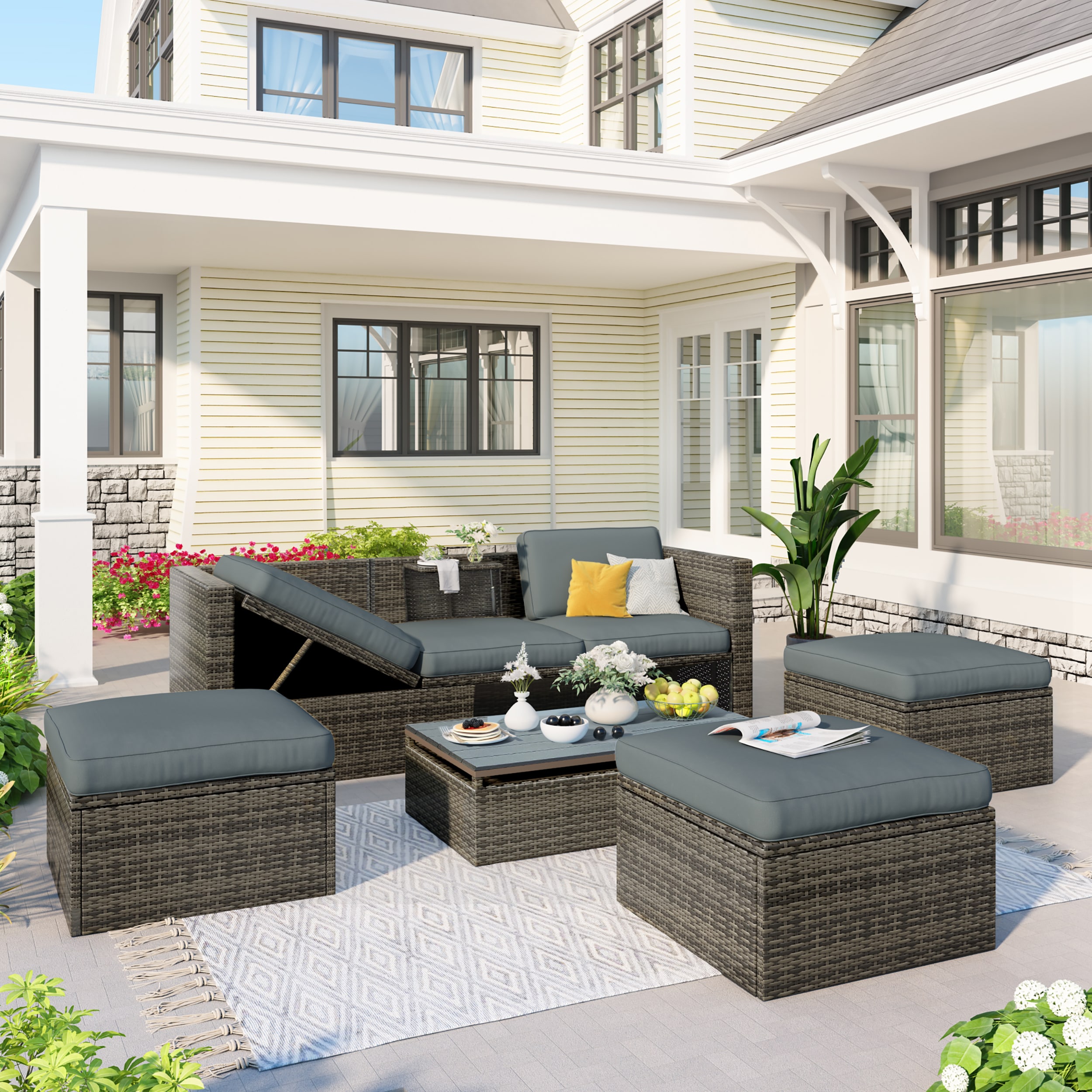 Moda Furnishings 5-Piece Patio Gray Wicker Conversation Set with ...