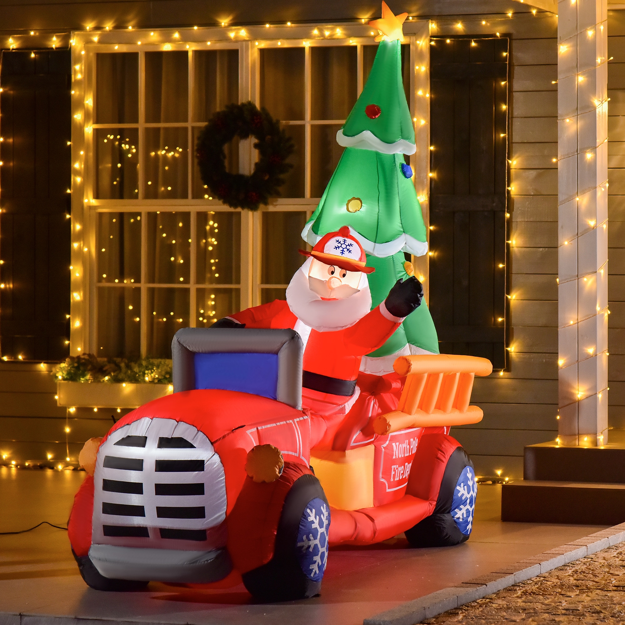 HomCom 7.5ft Christmas Inflatable Santa Claus Driving a Fire Truck with ...