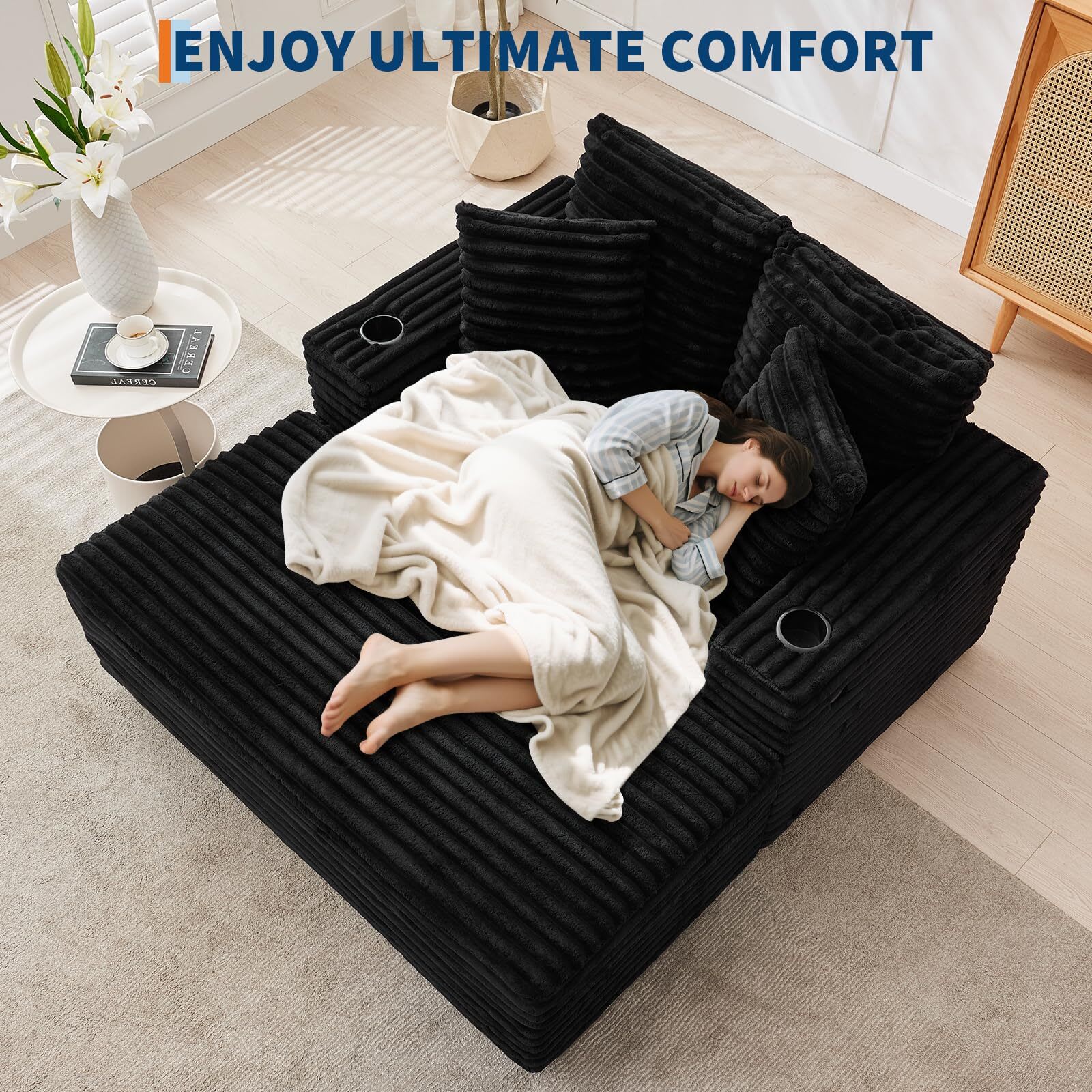 Qeetex Black Comfy Corduroy Lounge Sofa with Charging Station Cup ...