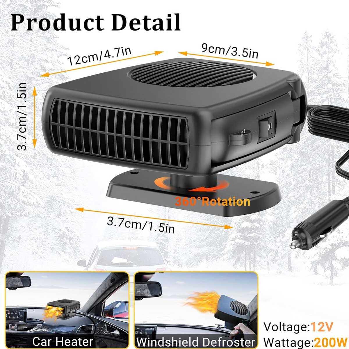 Aoibox 12V Car Heater 200W Portable Electric Heaters for Cars Defroster ...