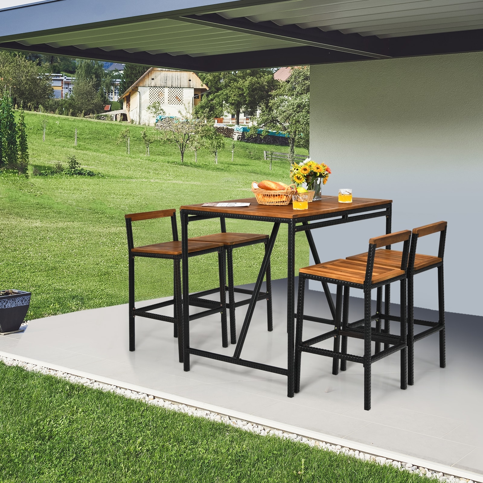Volenca 5-Piece Acacia Wood and PE Rattan Patio Bar Set with 4 Stools ...