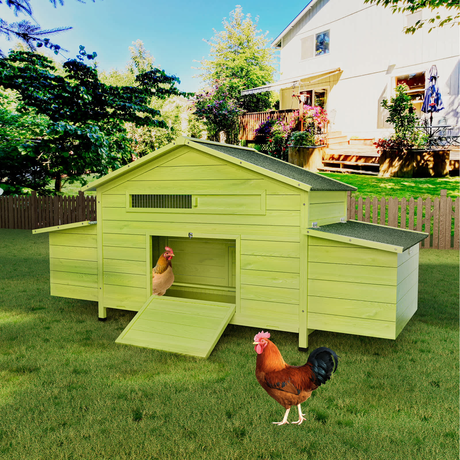 Vynxaria Green Wooden Chicken Coop Outdoor Hen House with 2 Free-Range ...