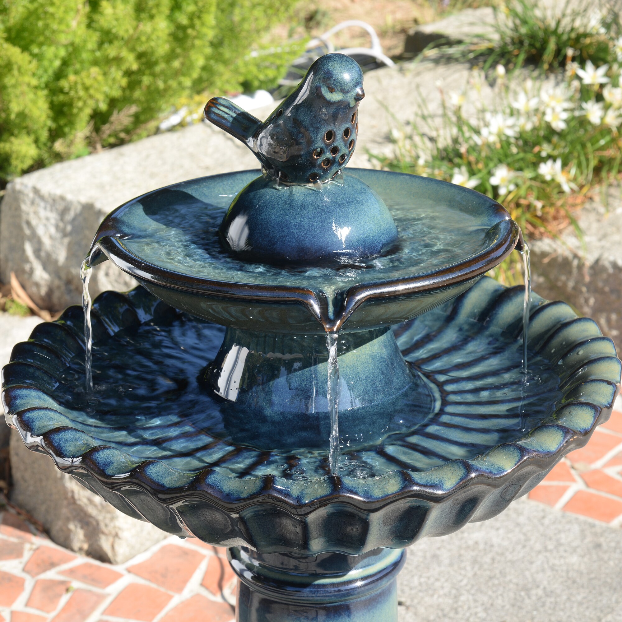 Hi-Line Gift 26.57-in H Ceramic Battery Powered Tiered Outdoor Fountain ...