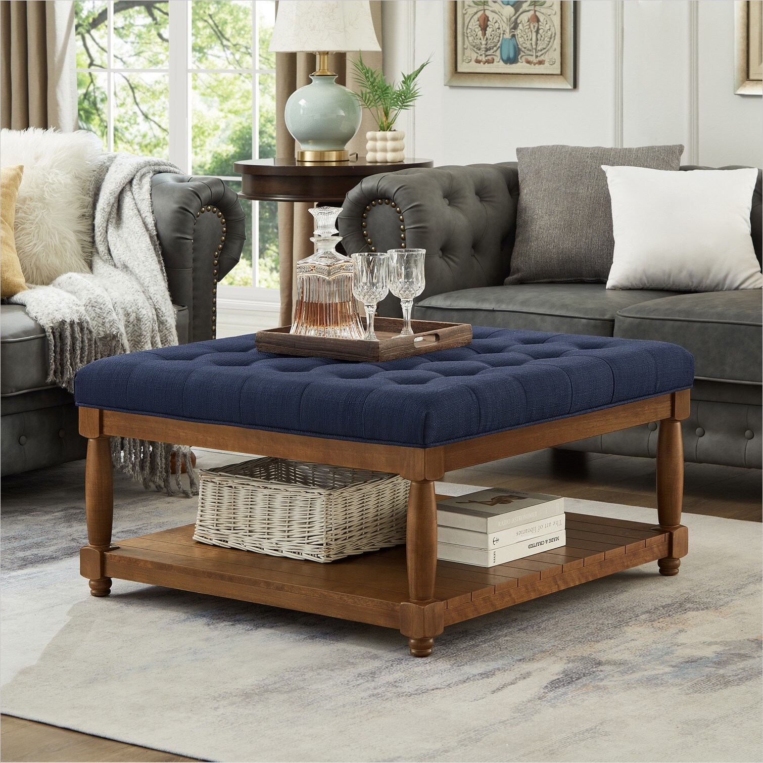 Watnature Living room large square ottoman with open shelf tufted linen ...