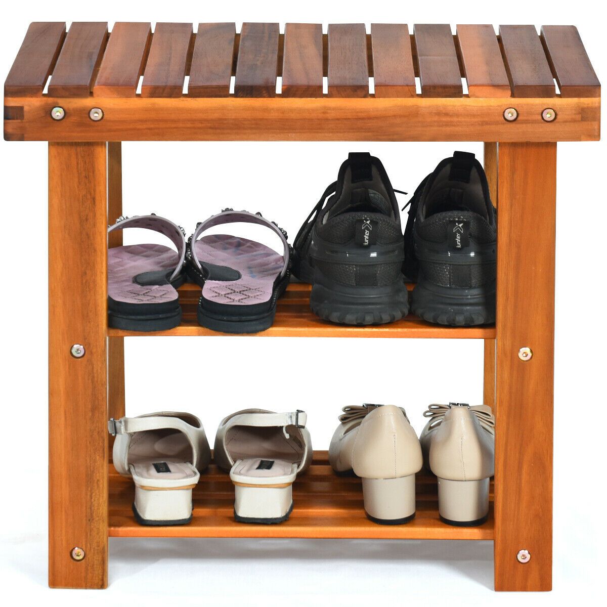 Slickblue 3-Tier- 4-Pair Capacity 2-in-1 Shoe Rack and Bench Teak Color ...