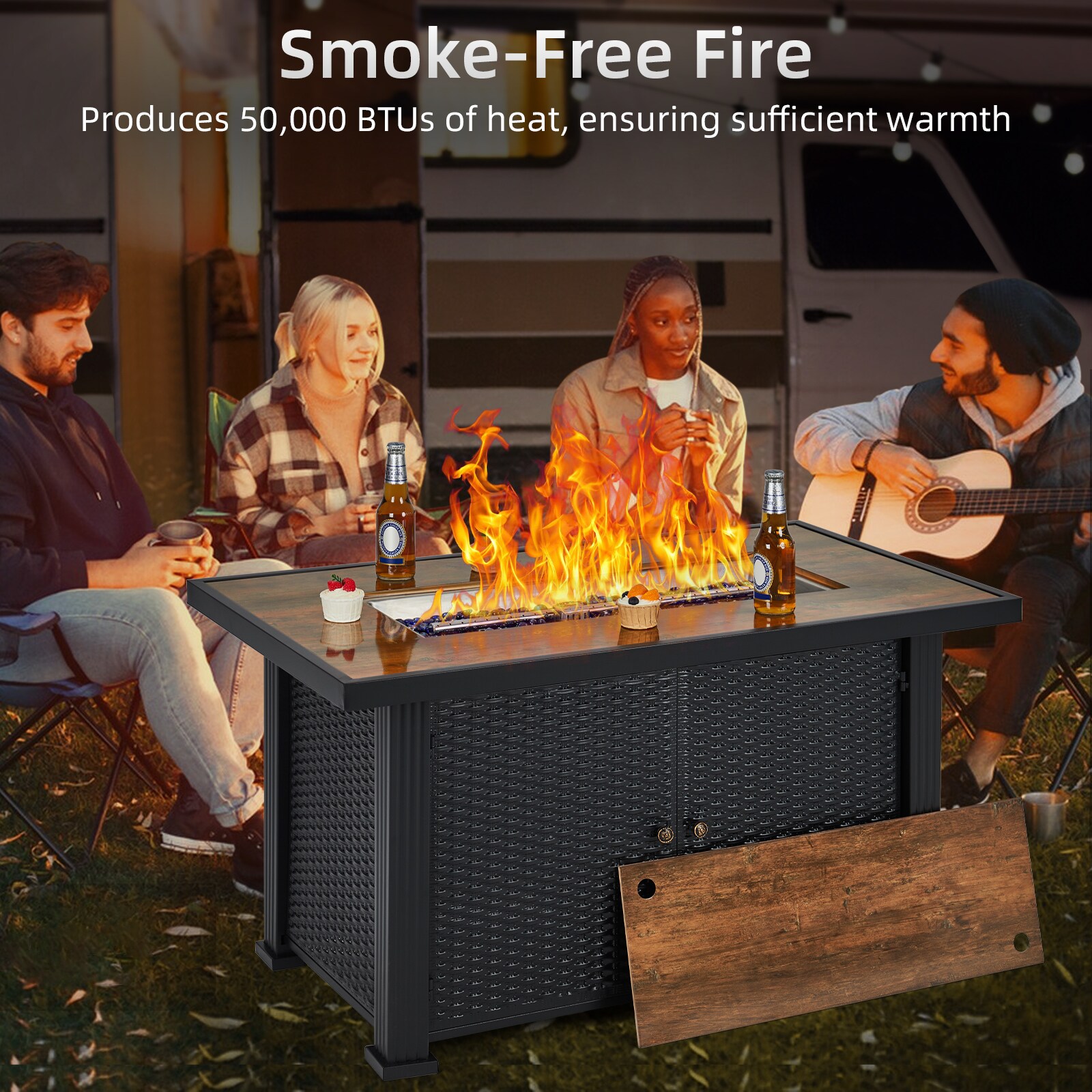 Garvee 44 Inch Propane Gas Fire Table with Woven Rattan Double Cabinets ...