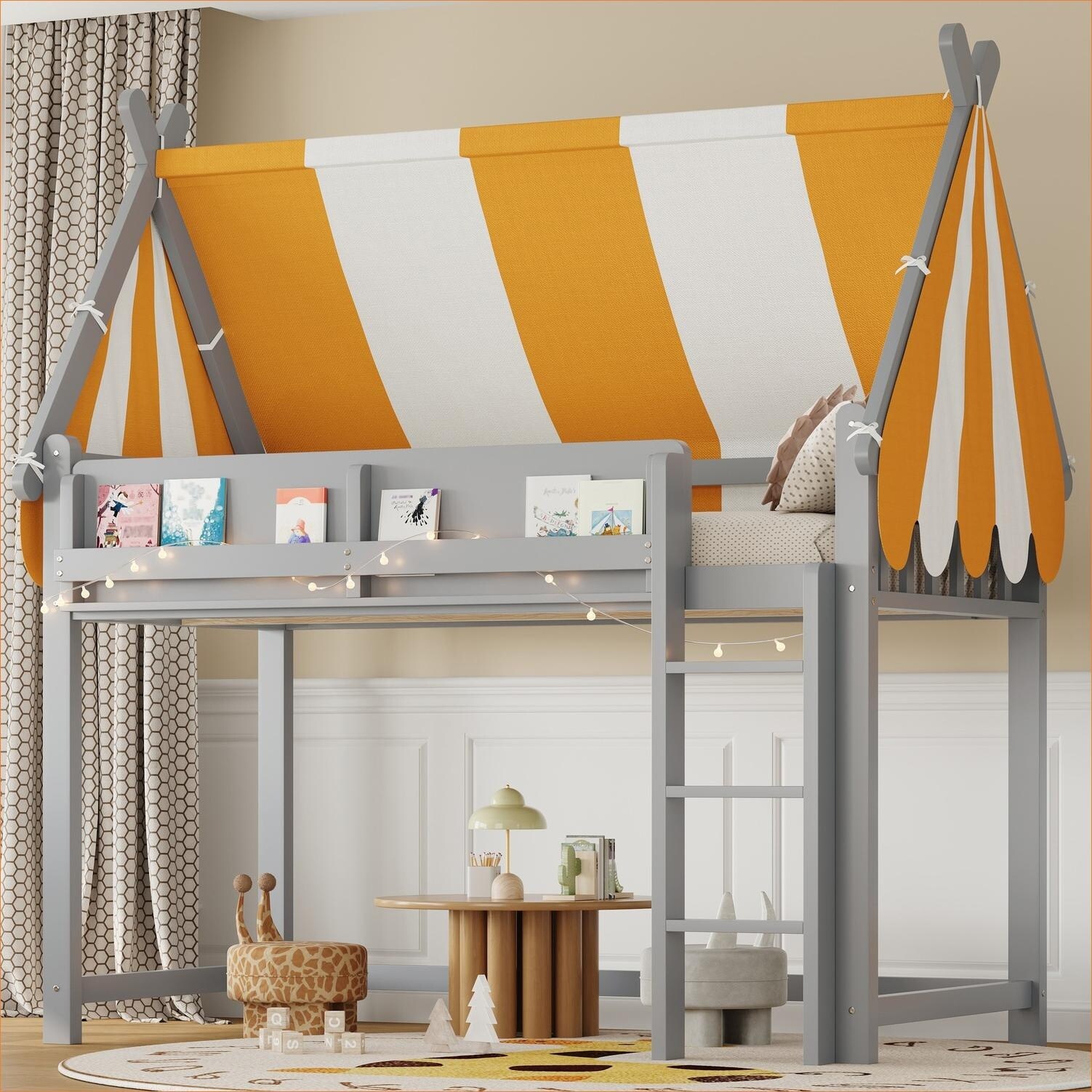 Watnature Classic gray wood twin loft bed for children s sleep and play ...