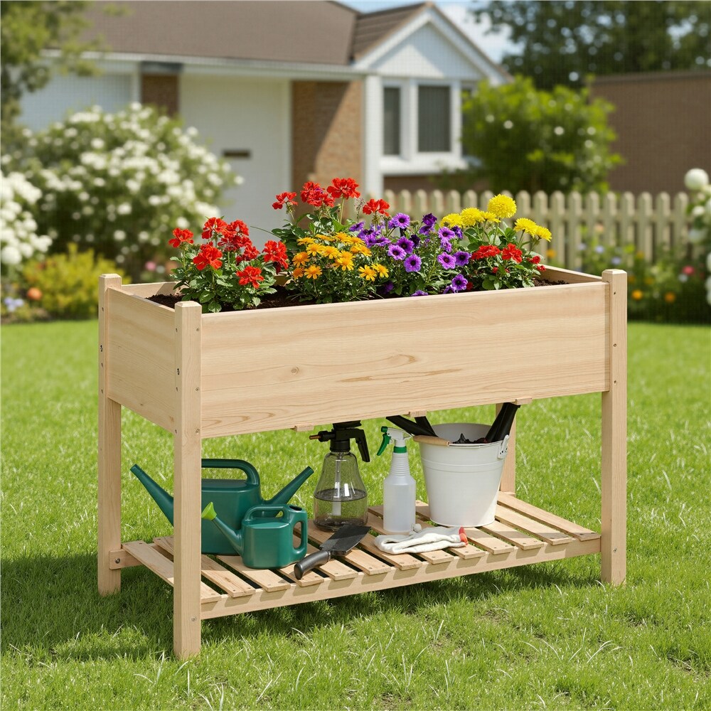 Yaheetech 47-in L Elevated Wood Planter Box with Lower Storage Shelf in ...
