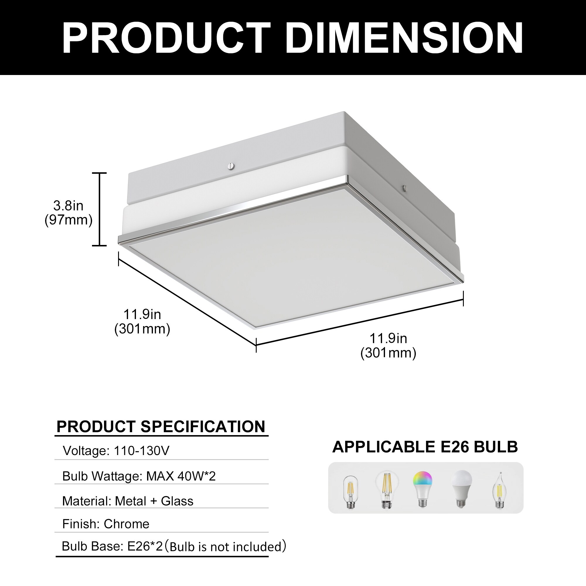 DORESshop 11.9 in 2 Light White Chrome Modern Square Ceiling Light ...