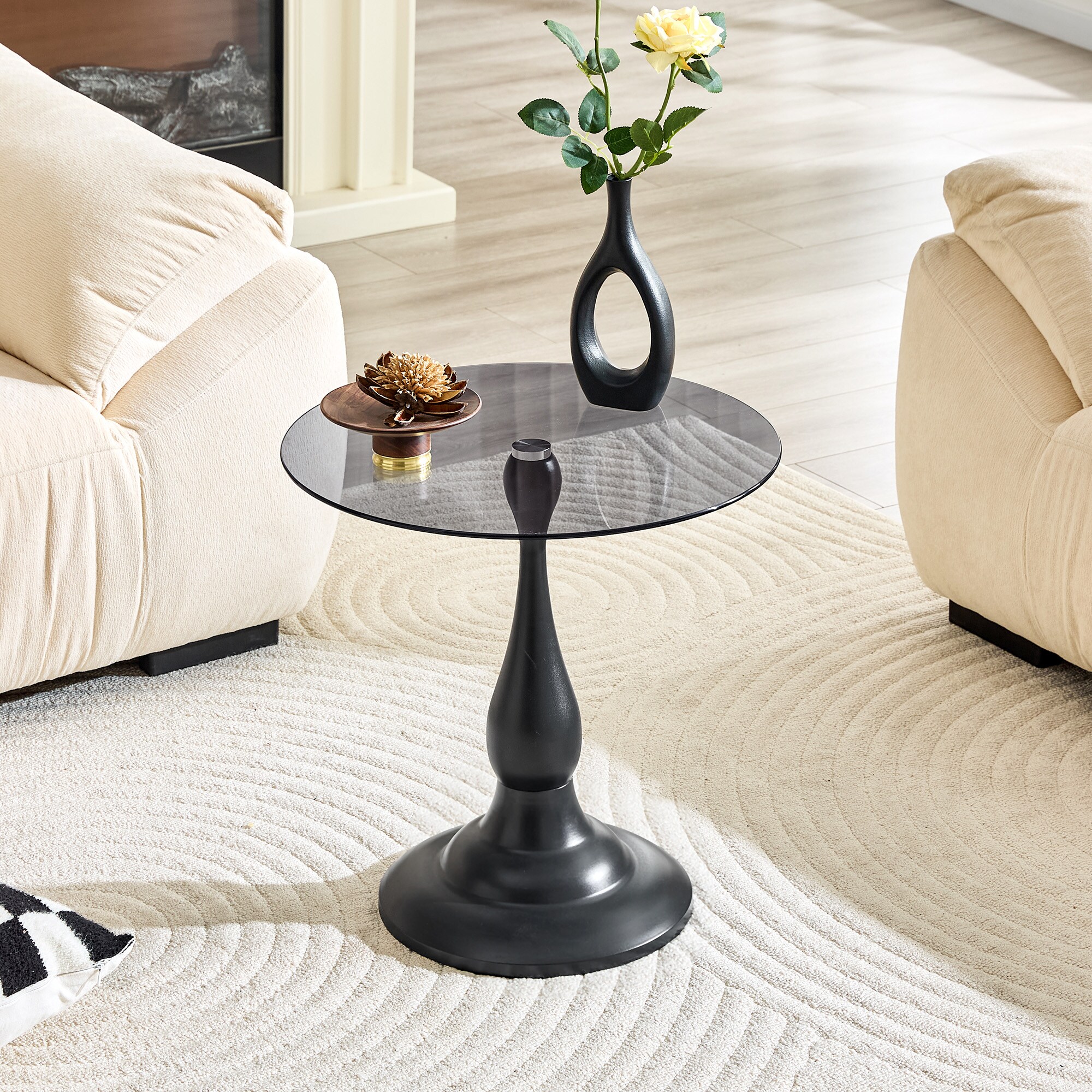 KTMBDW Round Side Table Mid-Century Modern End Table with Glass ...