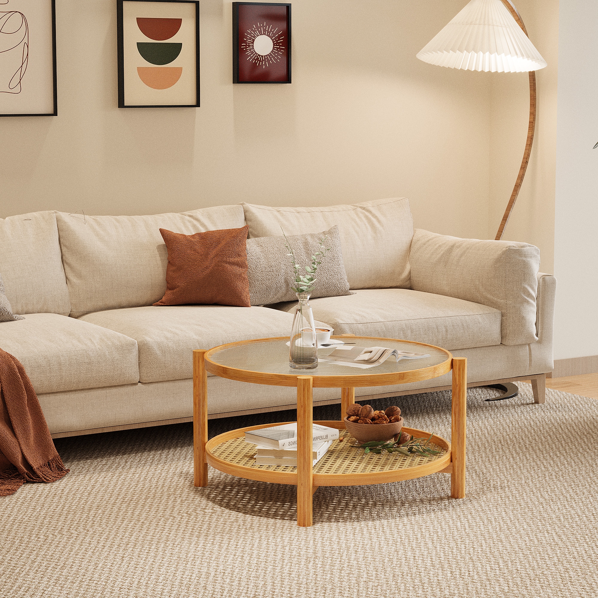 LUXEYARD Rattan Coffee Table 2 Tier Bamboo Coffee Table with Glass Top ...