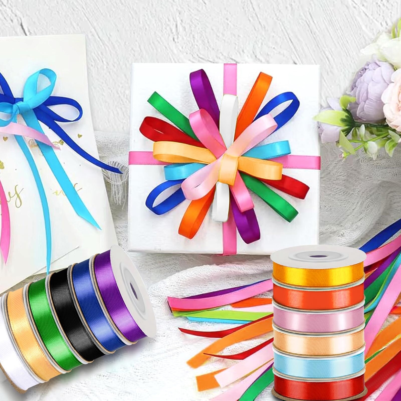 Afoxsos Rainbow Satin Ribbon 12 Color Set 3 by 8 Inch Wide 12 Roll 120 ...
