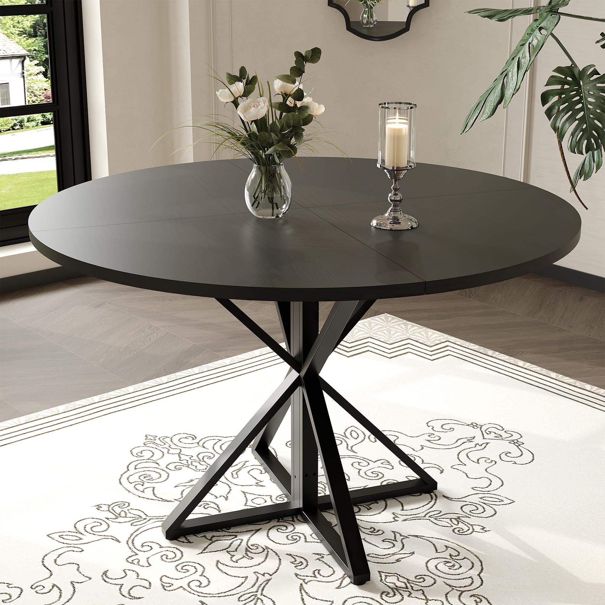 DEXSO 47 Inch Round Dining Table For 4 Wood Top And Heavy Duty Metal ...