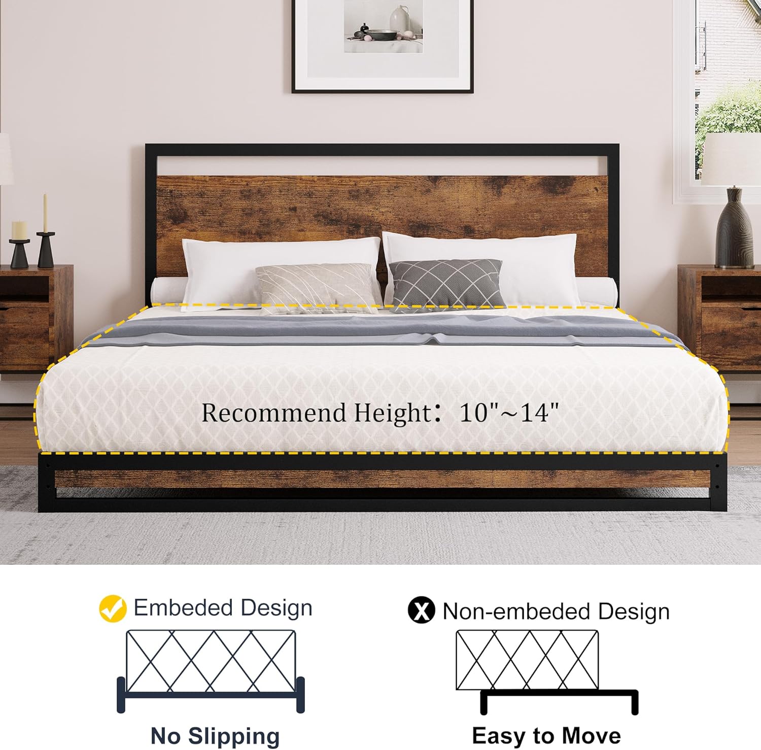Garvee 6 Inch Full Size Platform Bed Frame with Wooden Headboard and ...