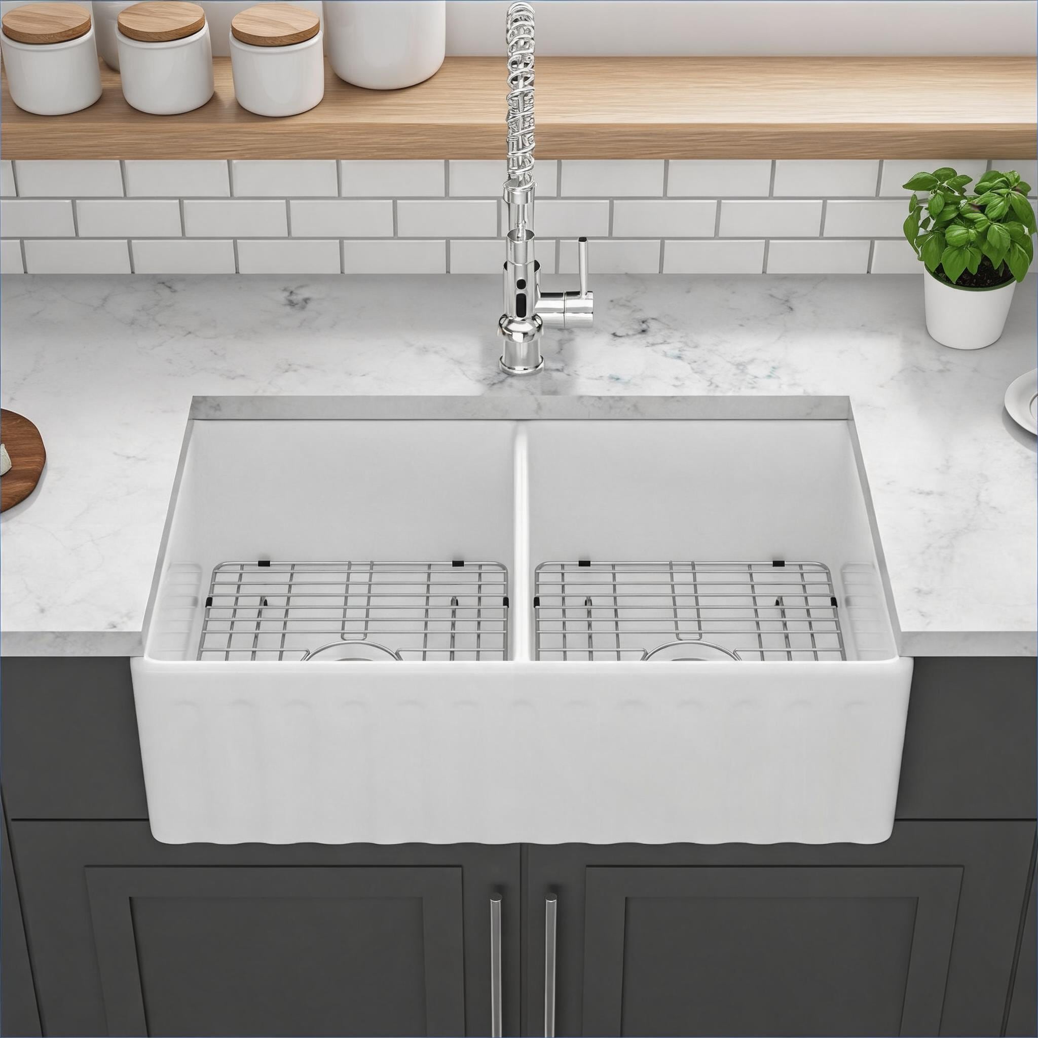 Watnature Crisp white ceramic double bowl kitchen sink for farm kitchen ...