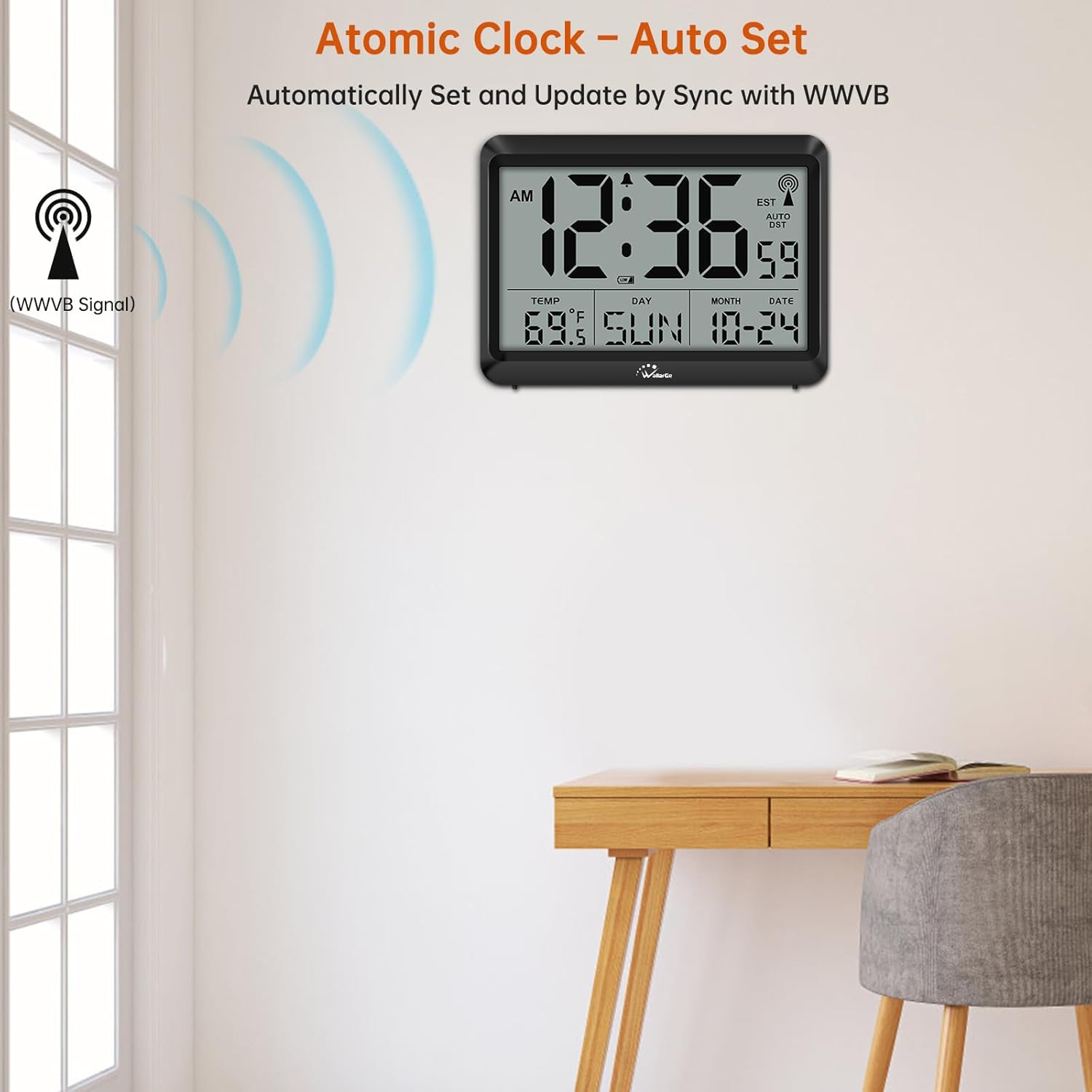WallarGe Atomic Digital Wall Clock Battery Operated Self Setting Large ...