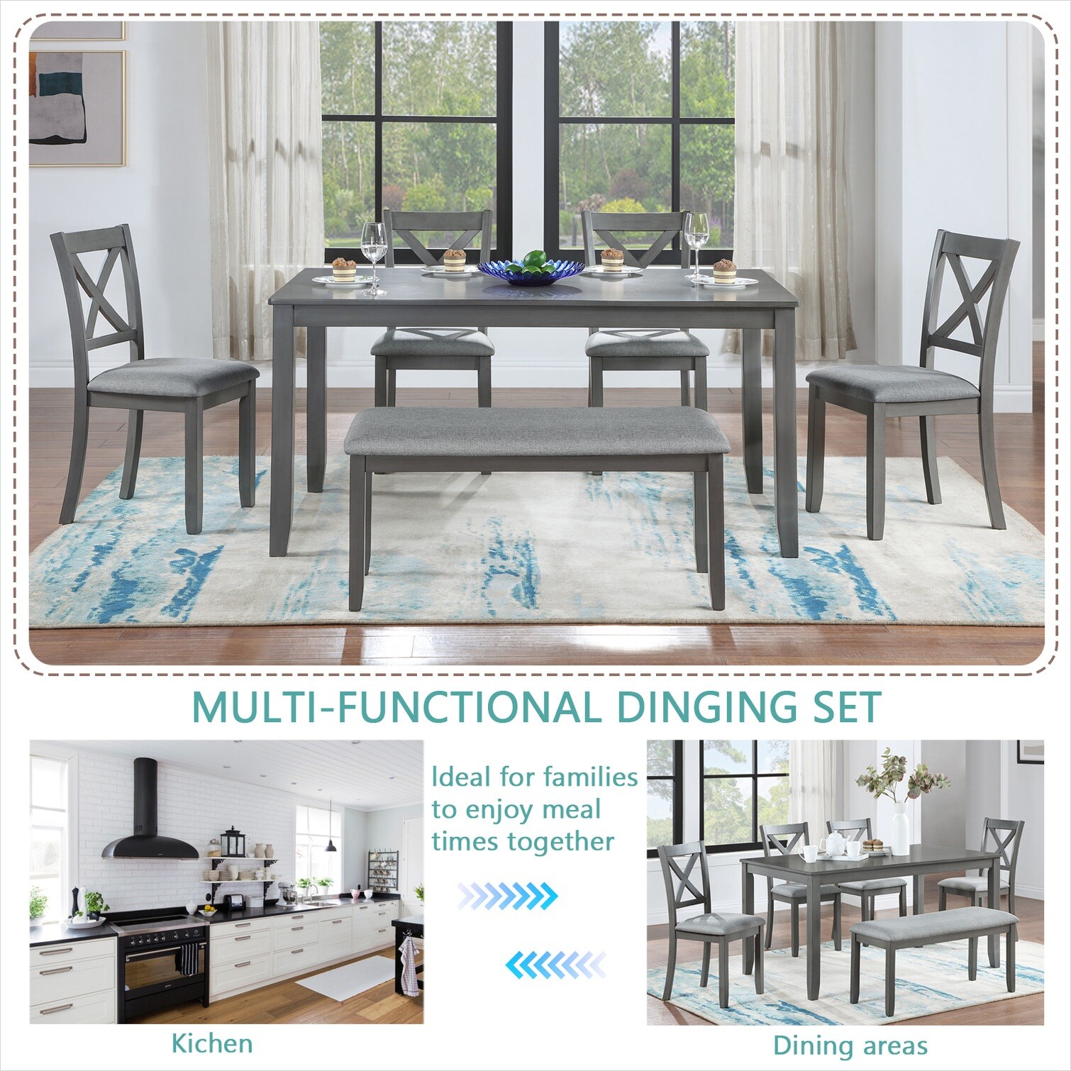 Watnature Soft Gray Acacia 6-Piece Dining Set with Rectangular Table 4 ...