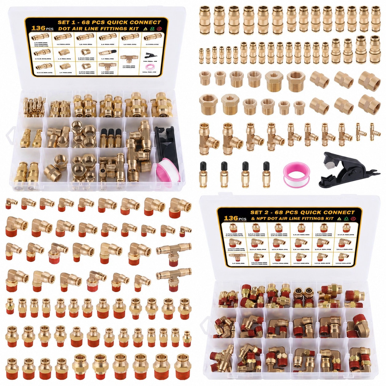 AKSCYZM 136 pcs Brass DOT Air Line Fittings Kit Push Lock Air Fittings ...