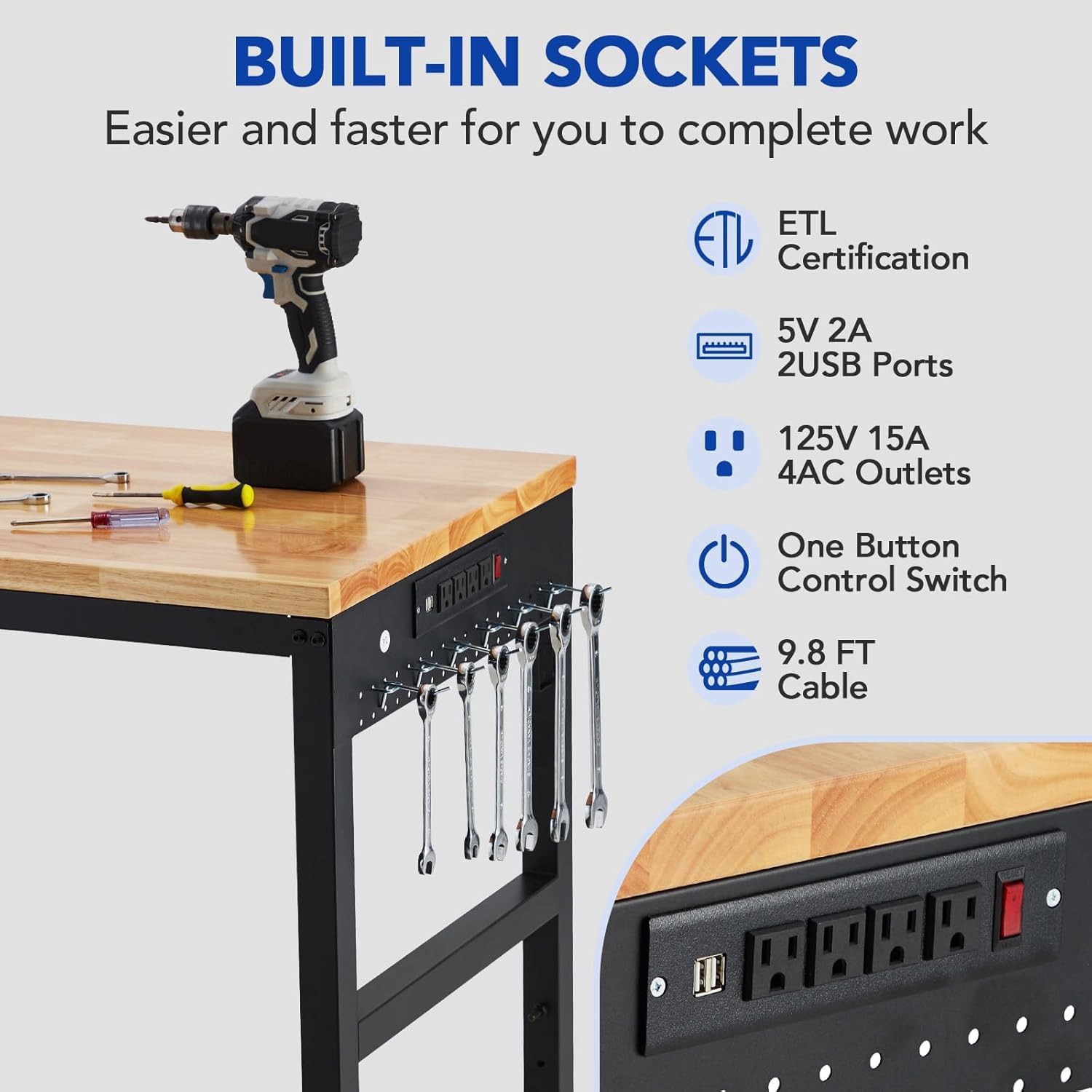 GAOMON 60 x 22 Inch Adjustable Wood Metal Workbench- Square Tube Legs ...