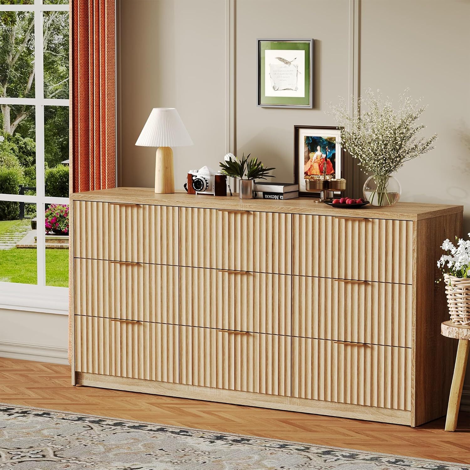 Garvee Wood Color Modern Dresser With Nine Drawers Fluted Front ...