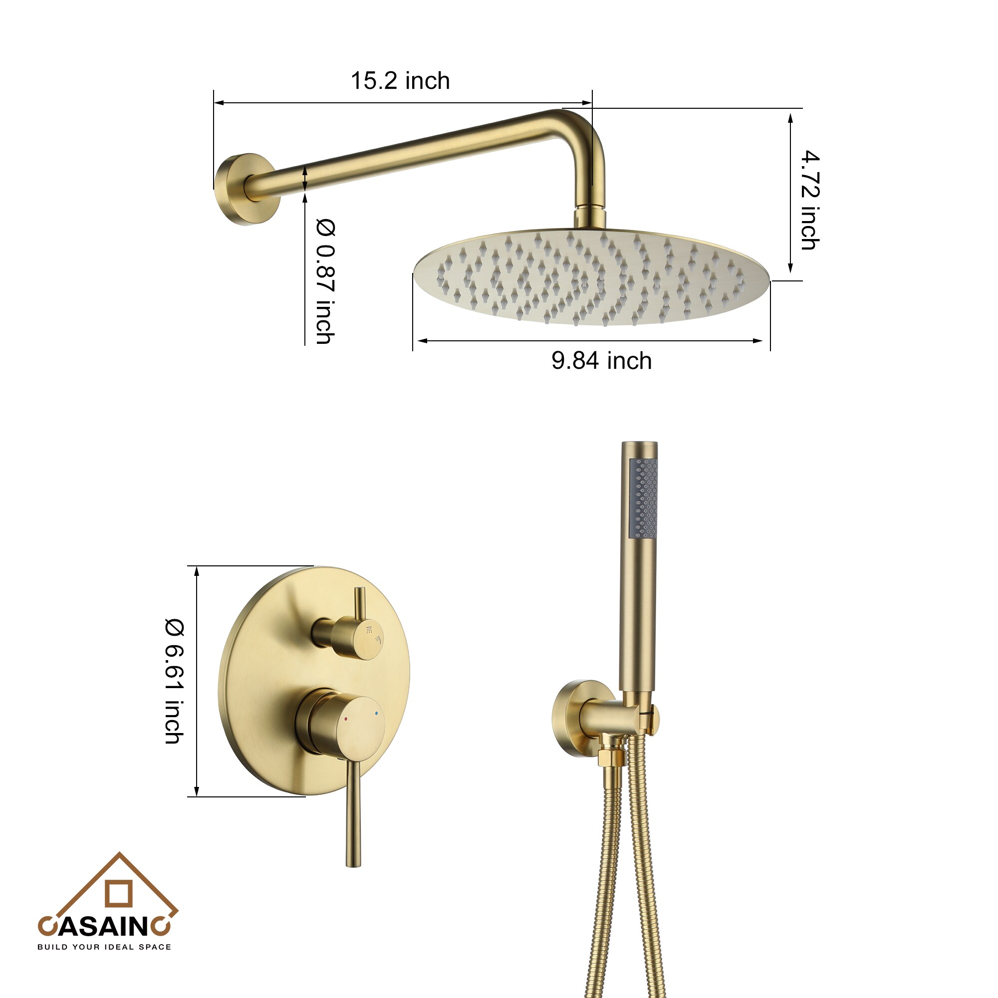 Casainc Wall Mount Shower System Brushed Gold Dual Head Waterfall Built