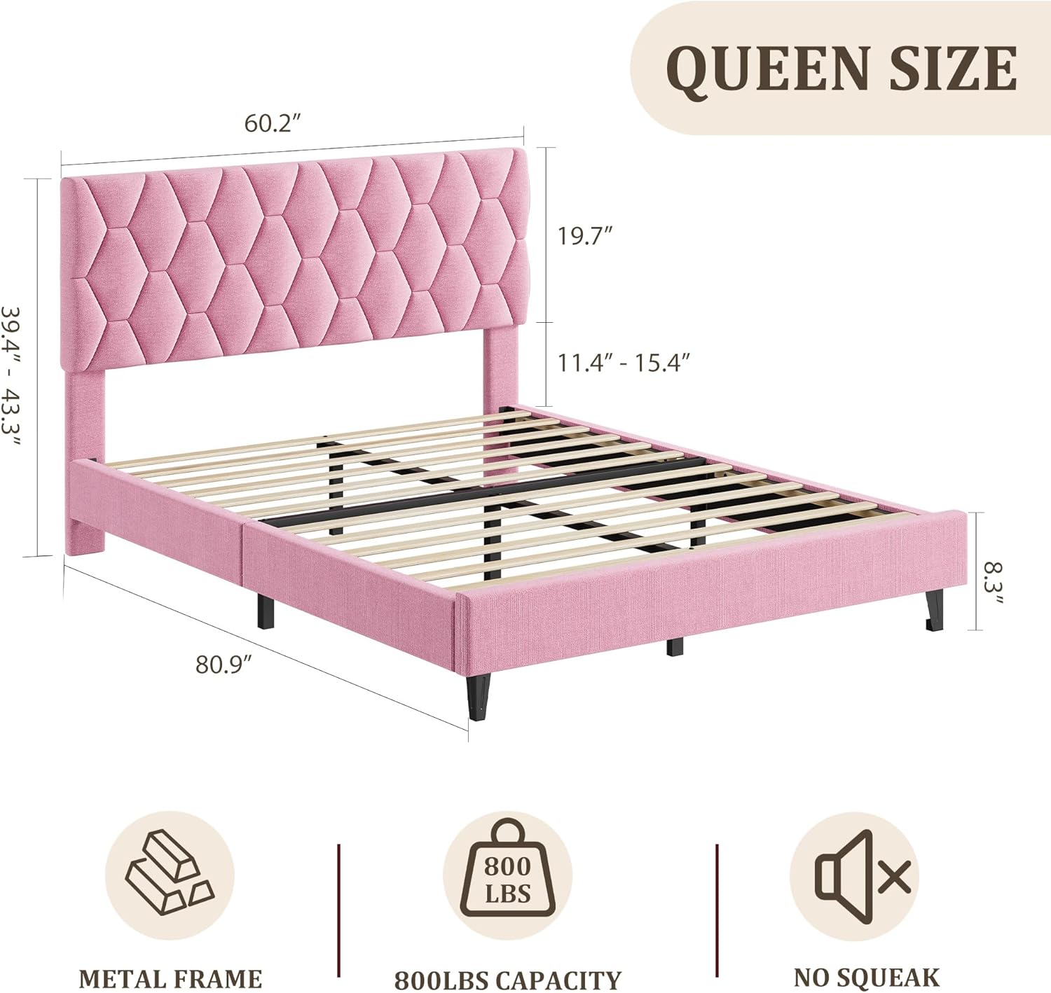 Garvee Pink Queen Bed Frame with Upholstered Headboard HeavyDuty ...