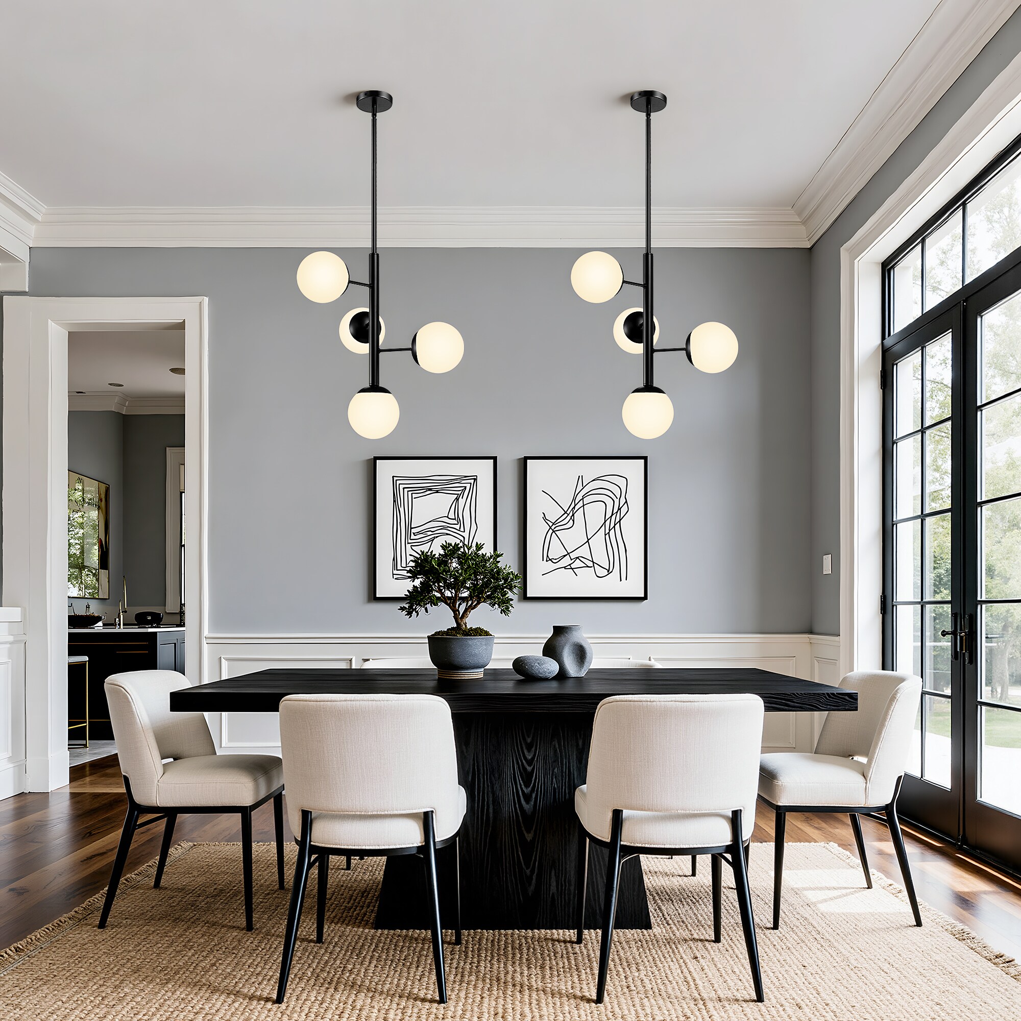KAISITE 4-Light Modern Black Sputnik Linear Chandelier With Glass Globe ...