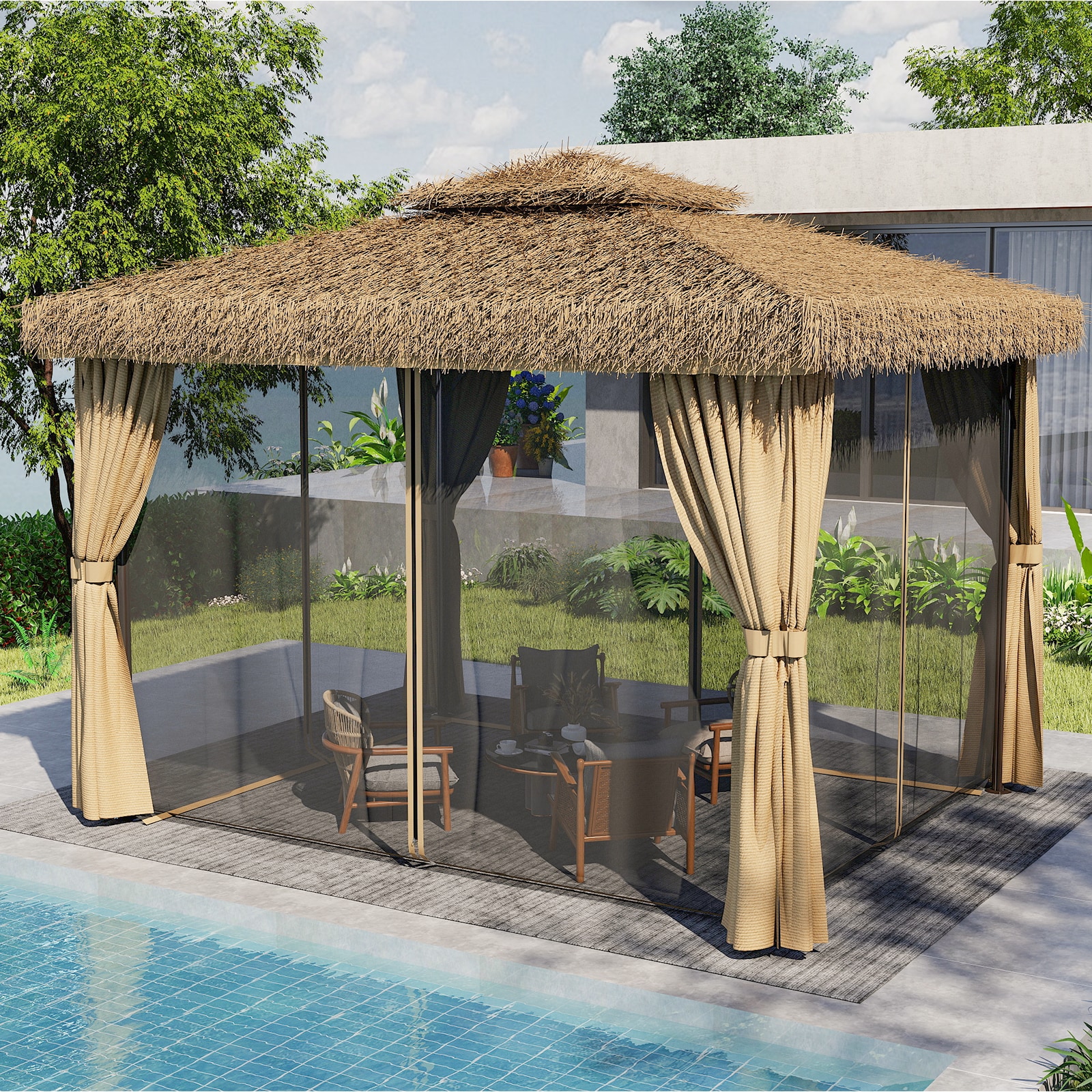 LOVMOR 10FT×12FT Outdoor Patio Gazebo Hawaiian Style Thatch Roof Double ...
