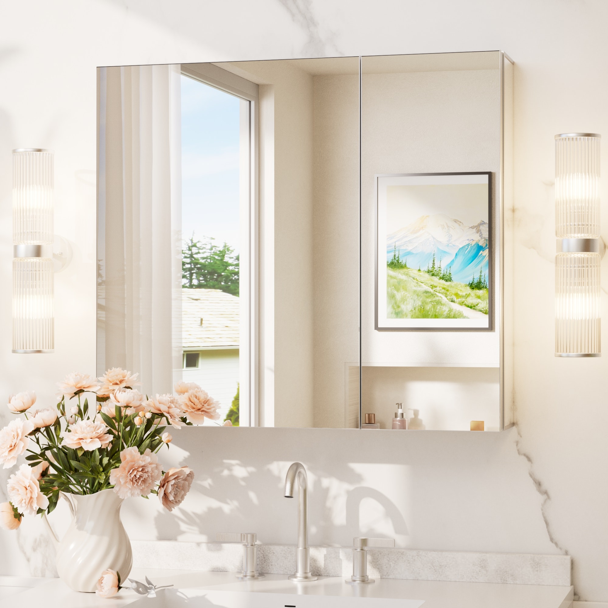 Keonjinn 30-in x 26-in Surface/Recessed Mount Sliver Mirrored Rectangle ...