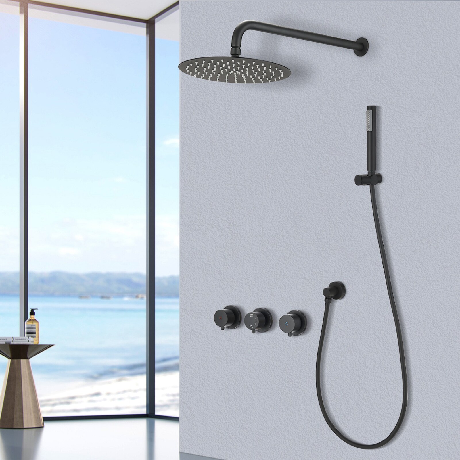 Wellfor Concealed Valve Shower System Matte Black Dual Head Waterfall