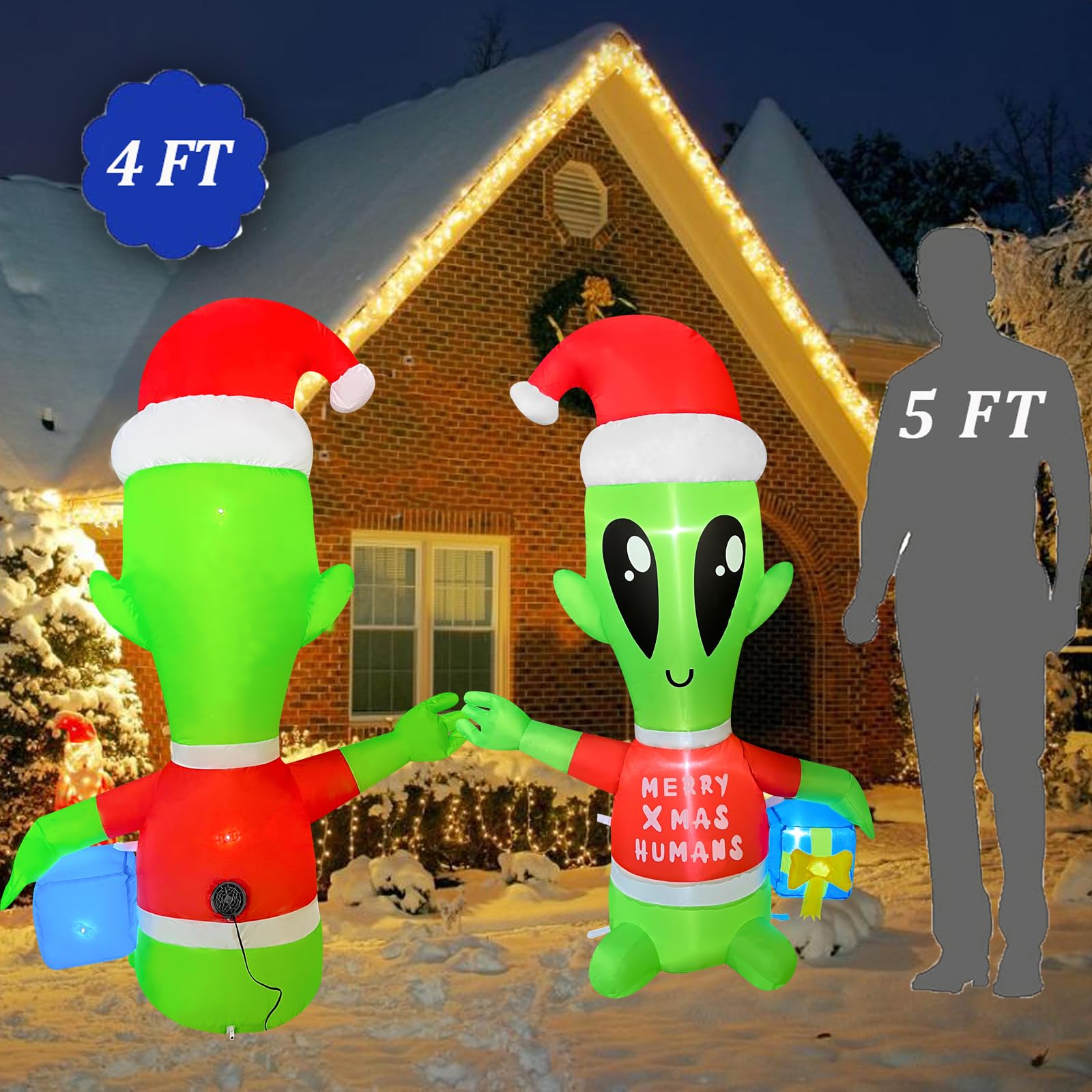 Etokfoks 1 Piece 4 Foot Christmas Inflatable Alien with Gift Box Built ...