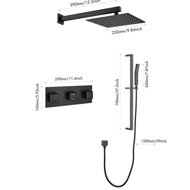 Wellfor Concealed Valve Shower System Matte Black Dual Head Waterfall