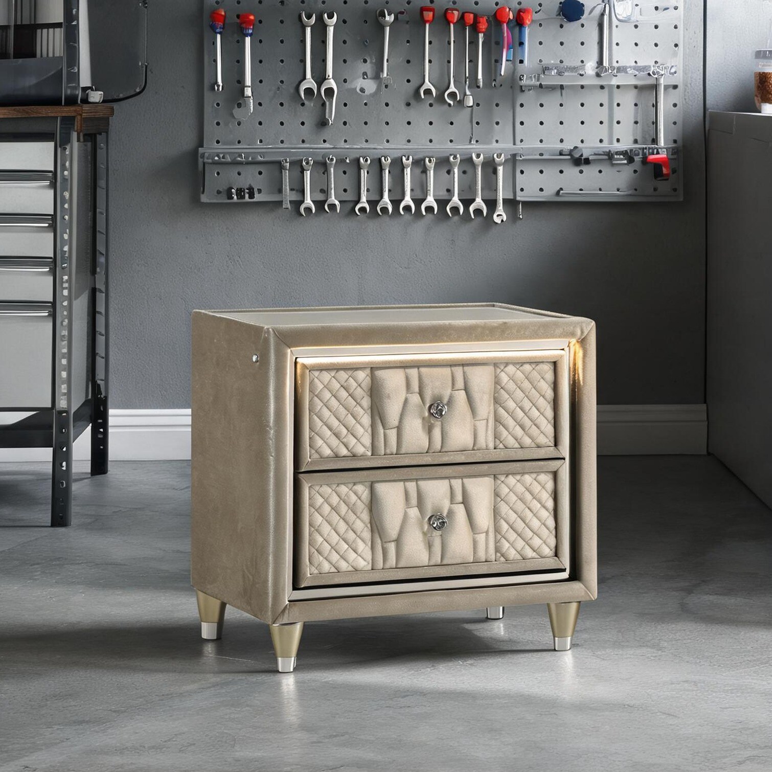Watnature Beige-Toned Velvet 2-Drawer Nightstand with LED Lighting and ...
